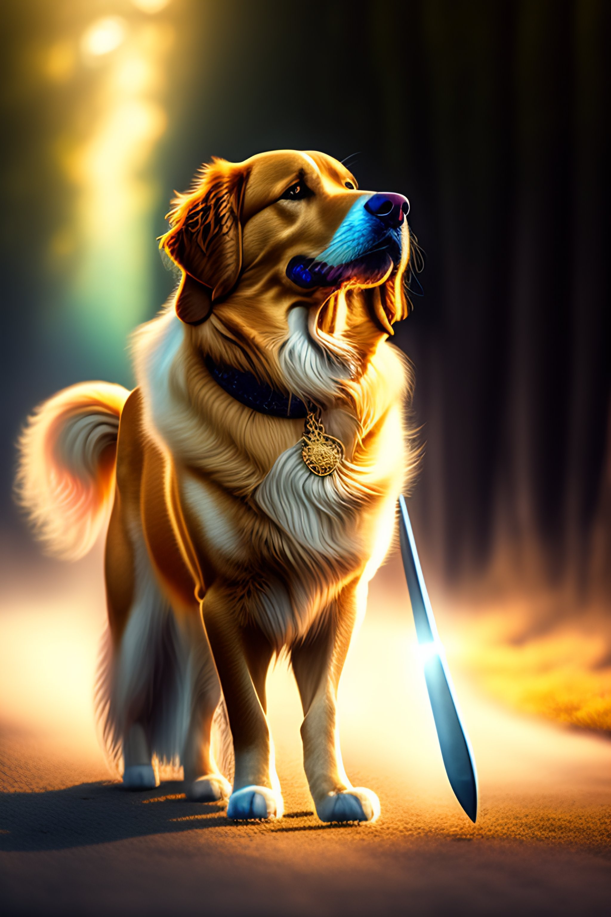 Lexica - A golden retriever, standing ，with sword in the hand