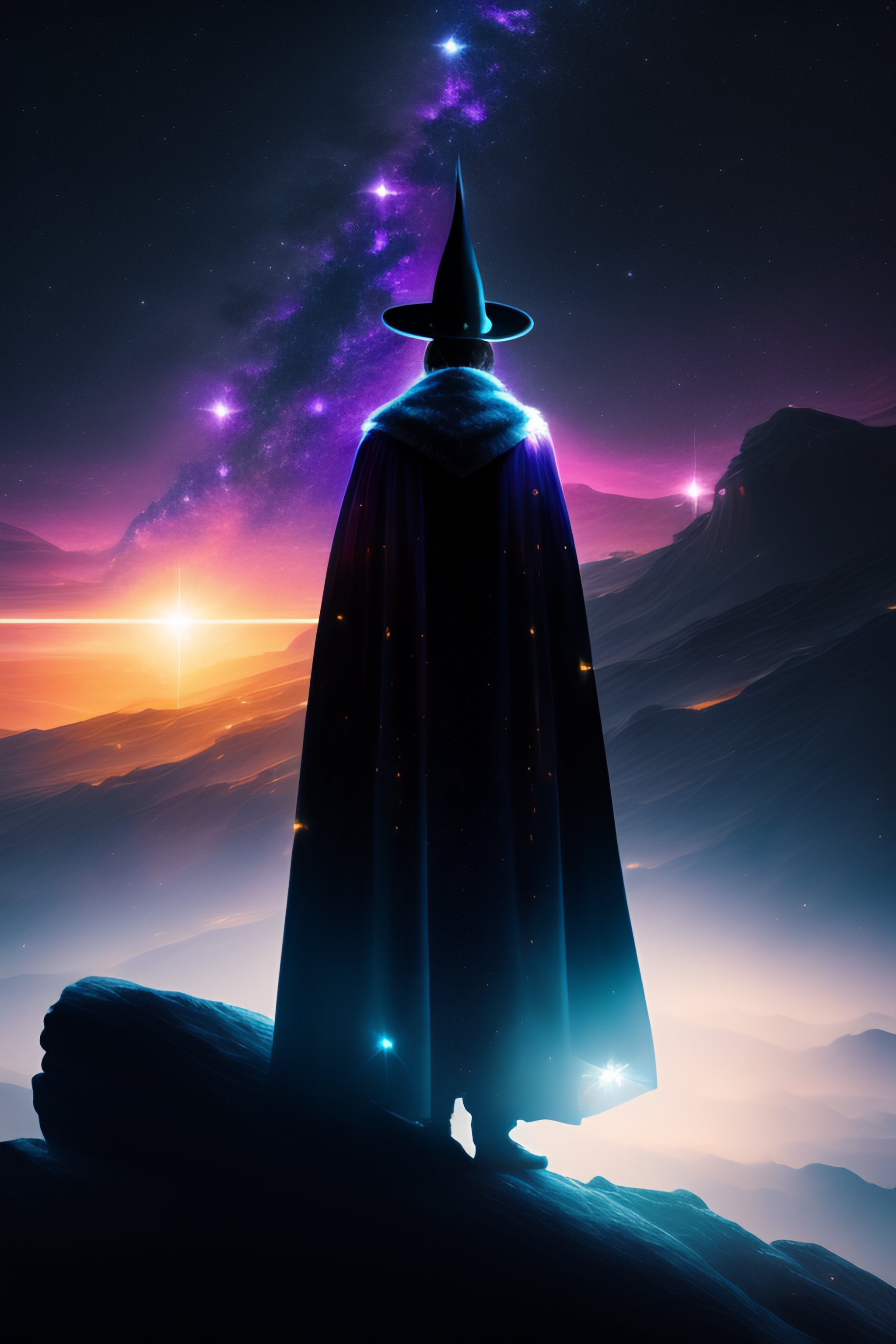 Lexica - Silhouette of a wizard in a glittering robe and broad-brimmed ...