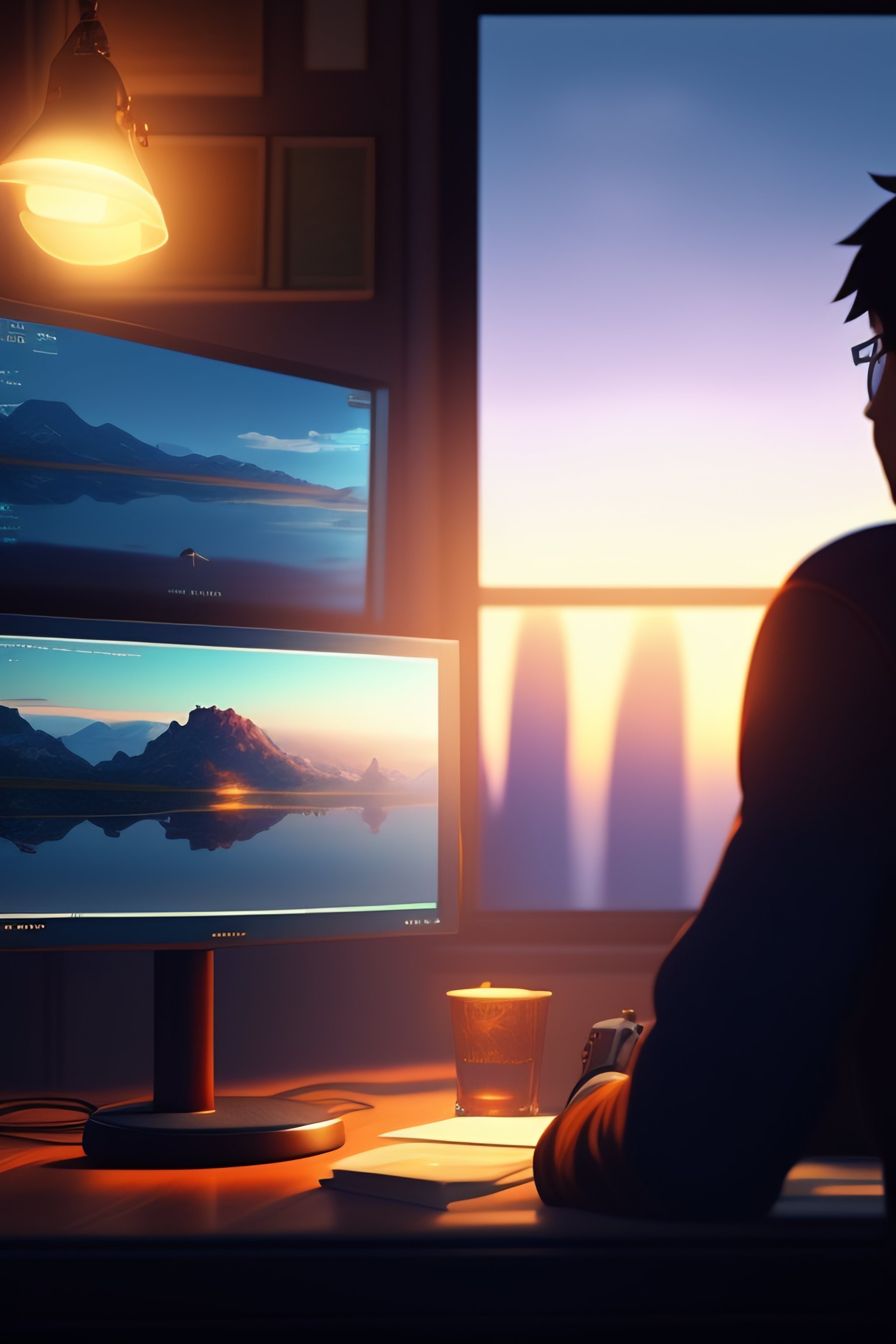Lexica - A nerd man studying on multiple monitors at his desk, by ...