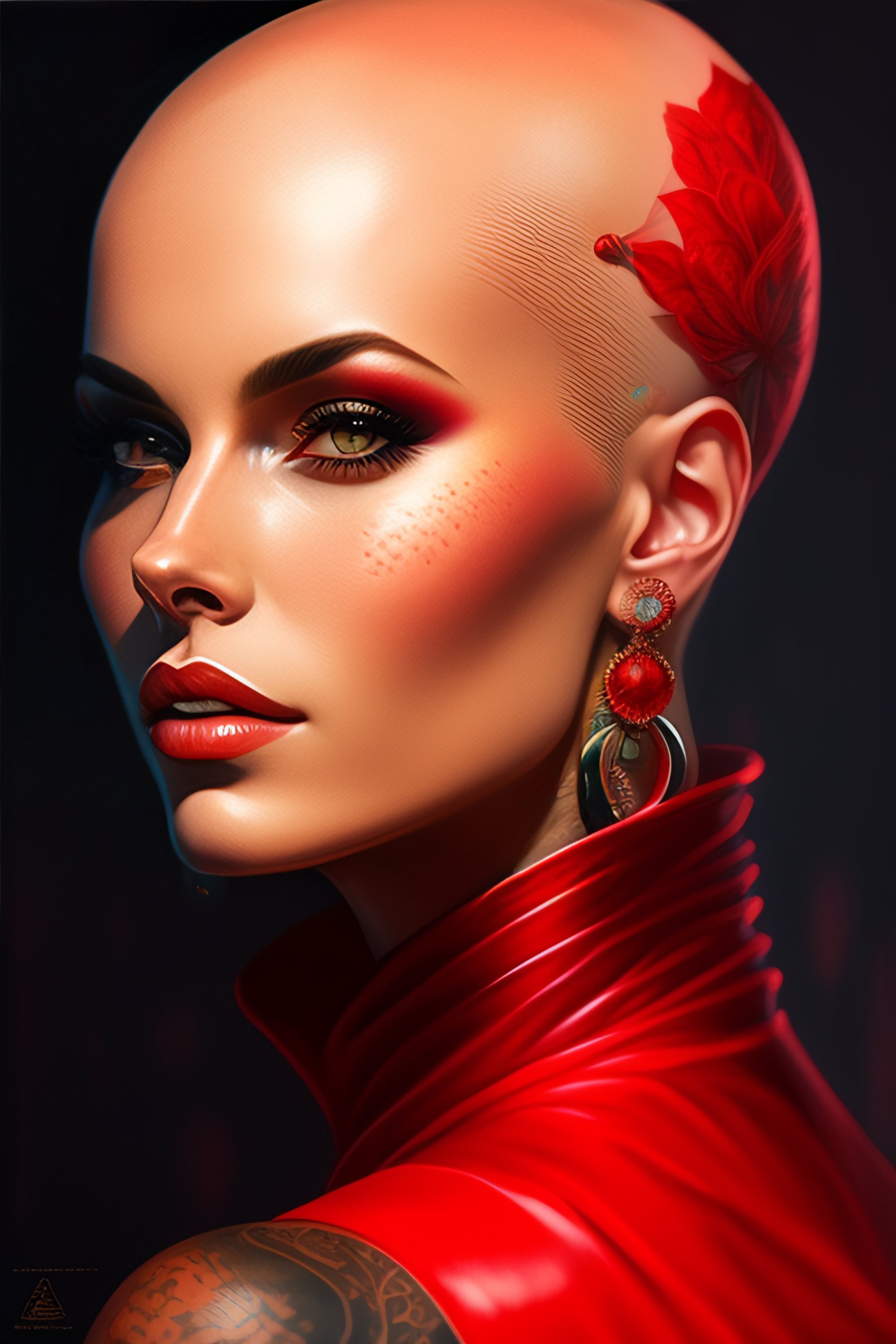 Lexica - Woman with bald tattooed head, red clothing, highly detailed ...