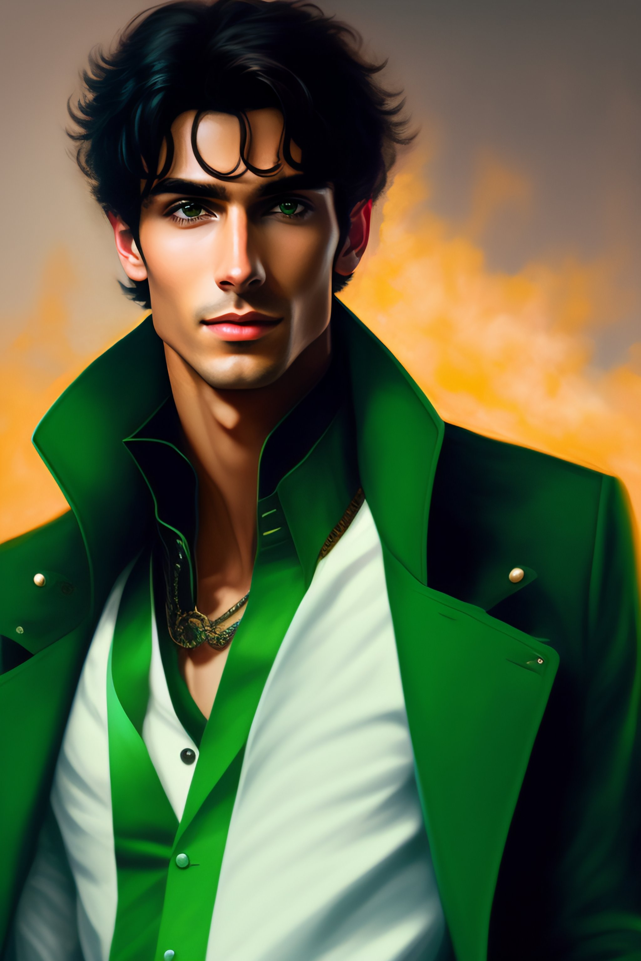 Lexica - A dark haired skinny young man in a green shirt and long coat ...