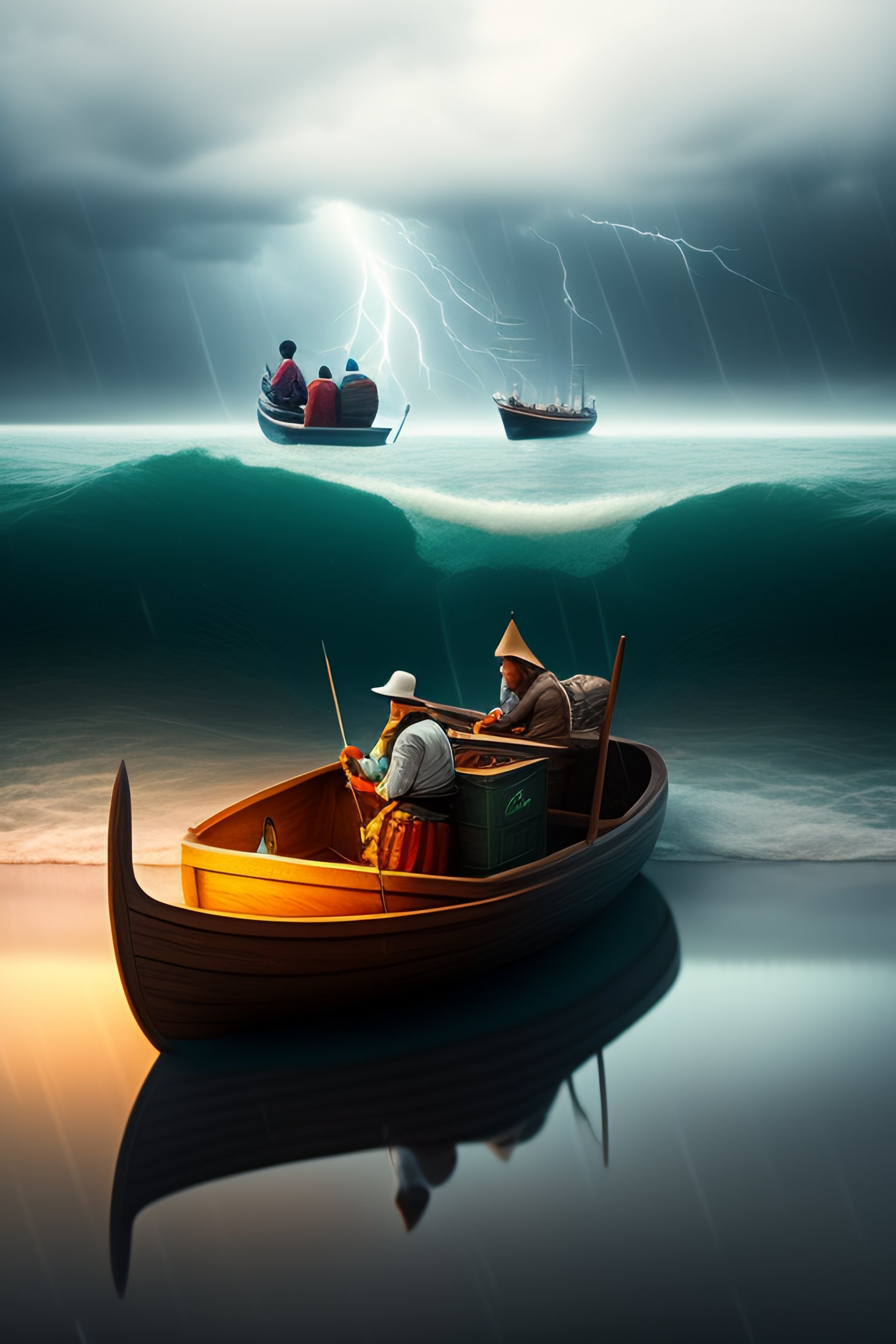 Lexica - Fishermen inside a small boat in a big storm scared, style, 3D ...