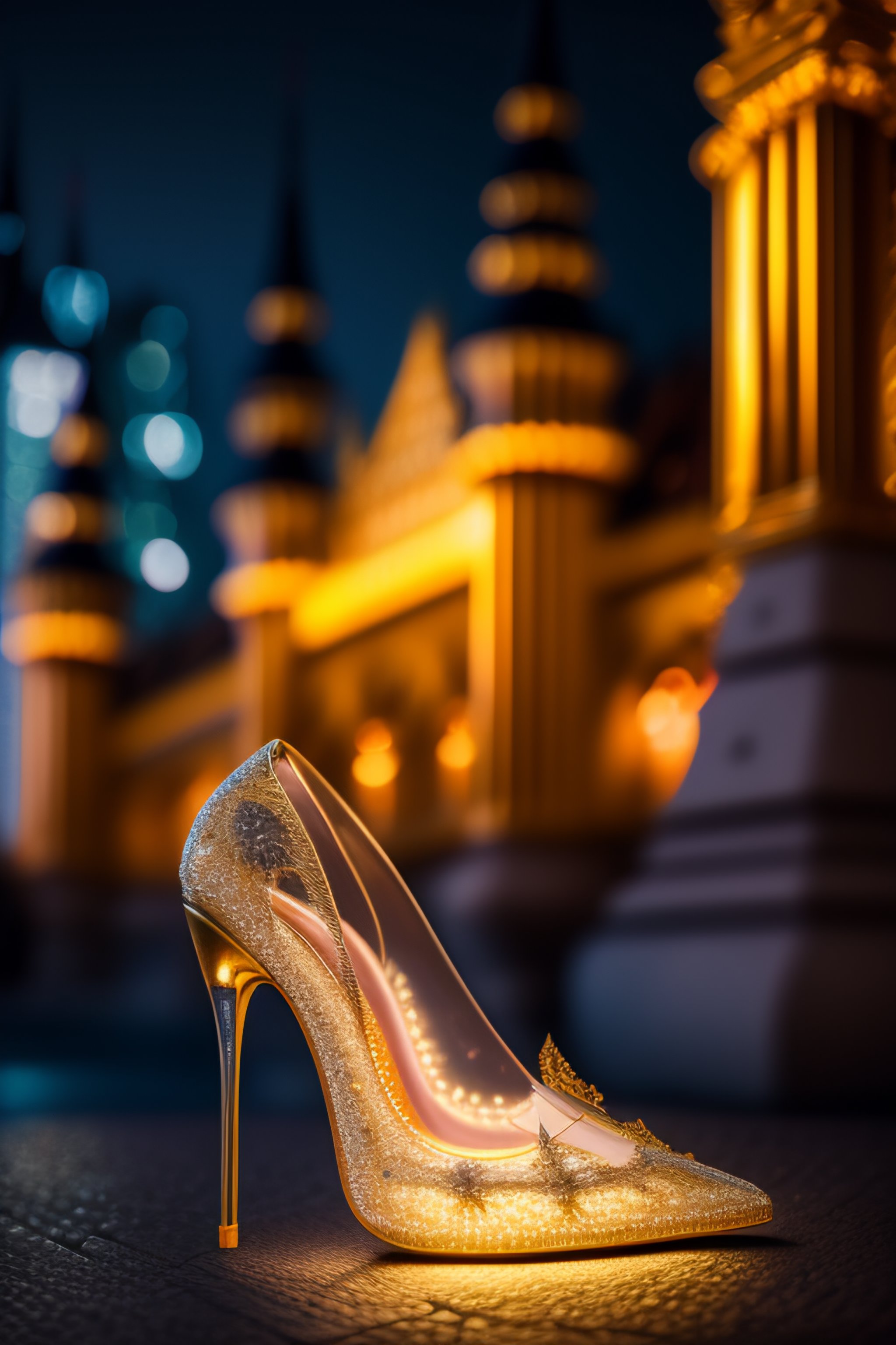 Lexica - Shiny clear intricate high heel shoe in front of a castle, 8k ...