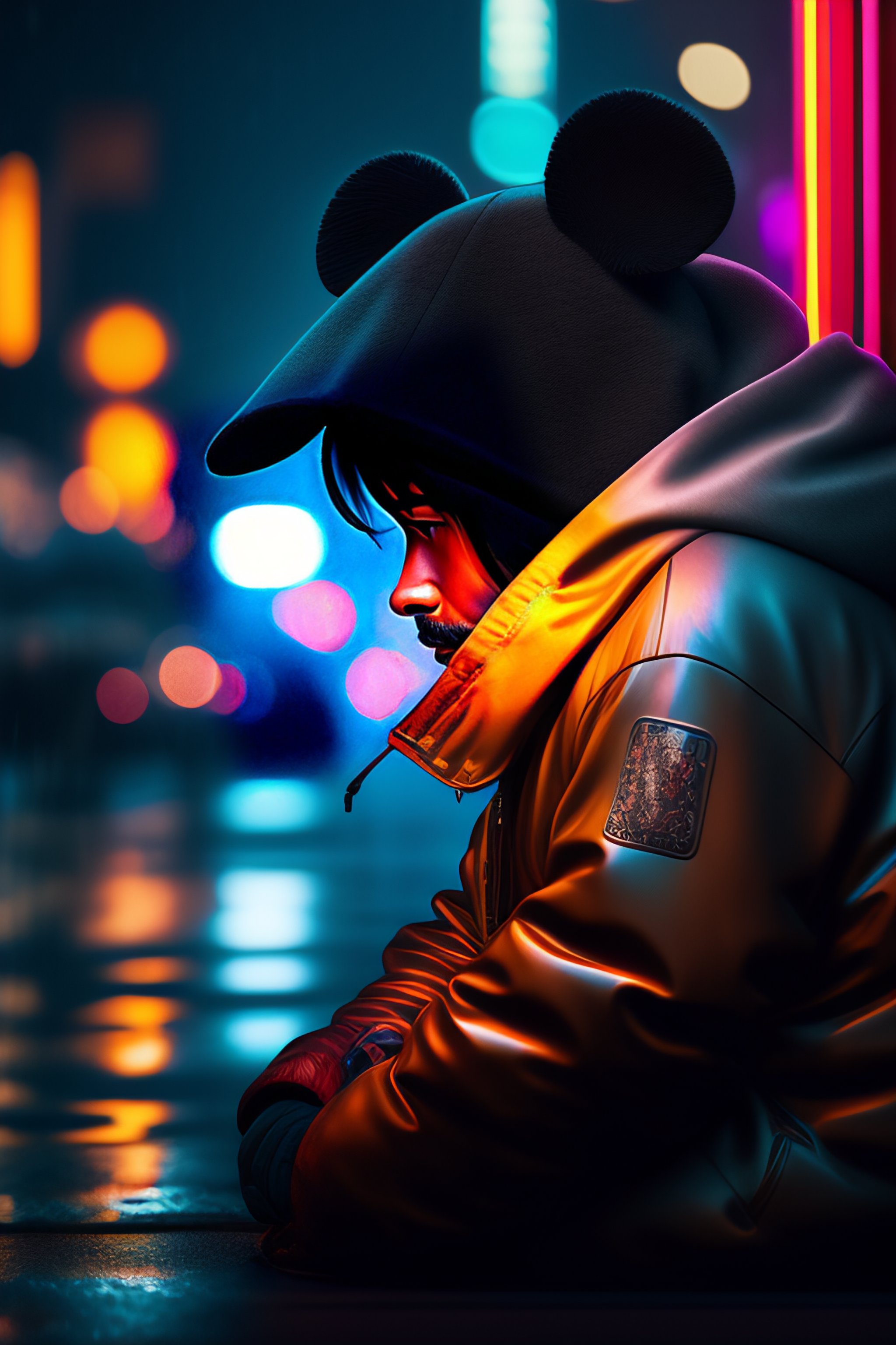 Lexica - Homeless mickey mouse sitting dejected on a curb, bottles at ...