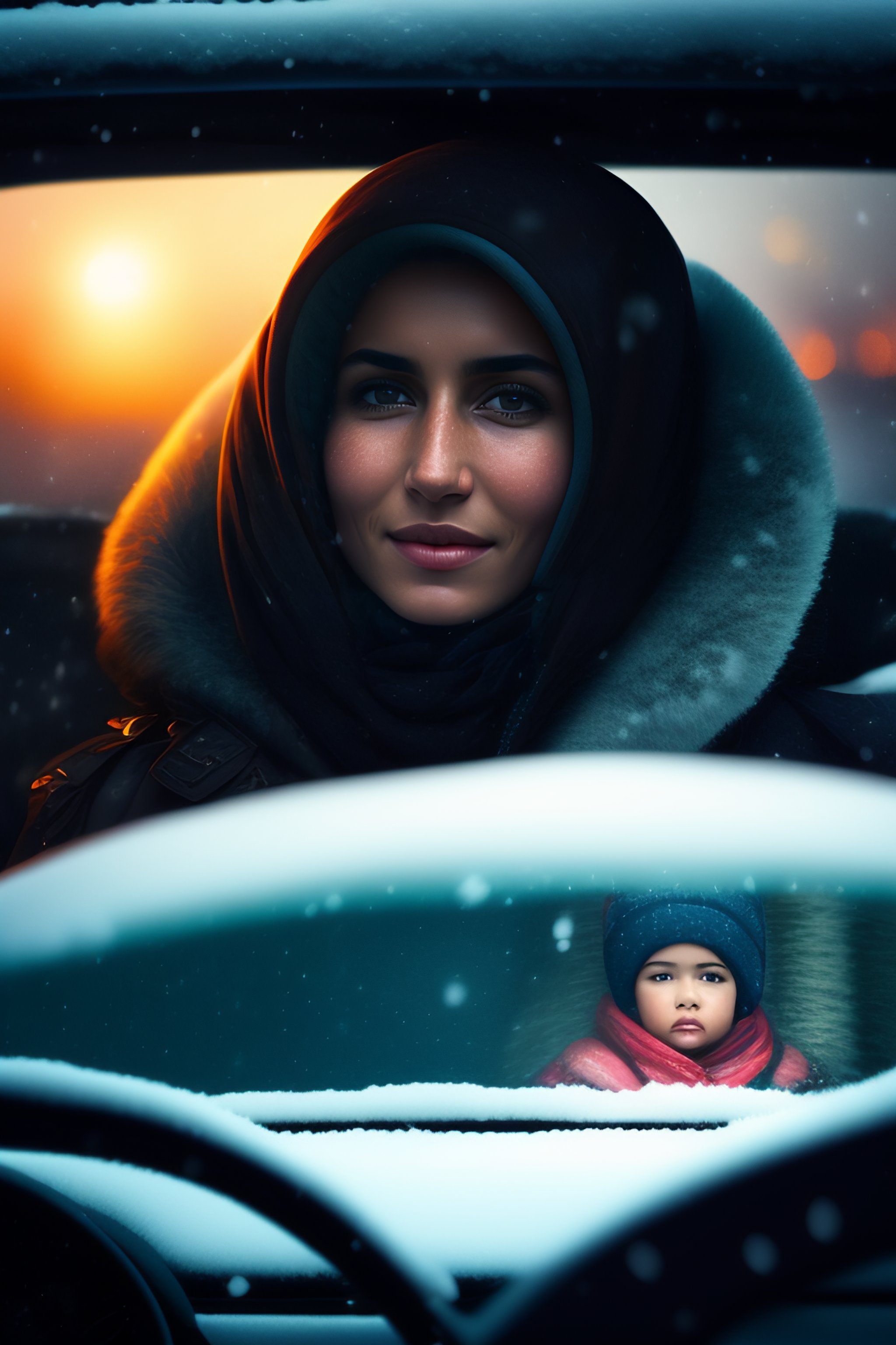 Lexica - A beautiful girl in the car, next to the Uzbek driver, rush along the highway, through ...