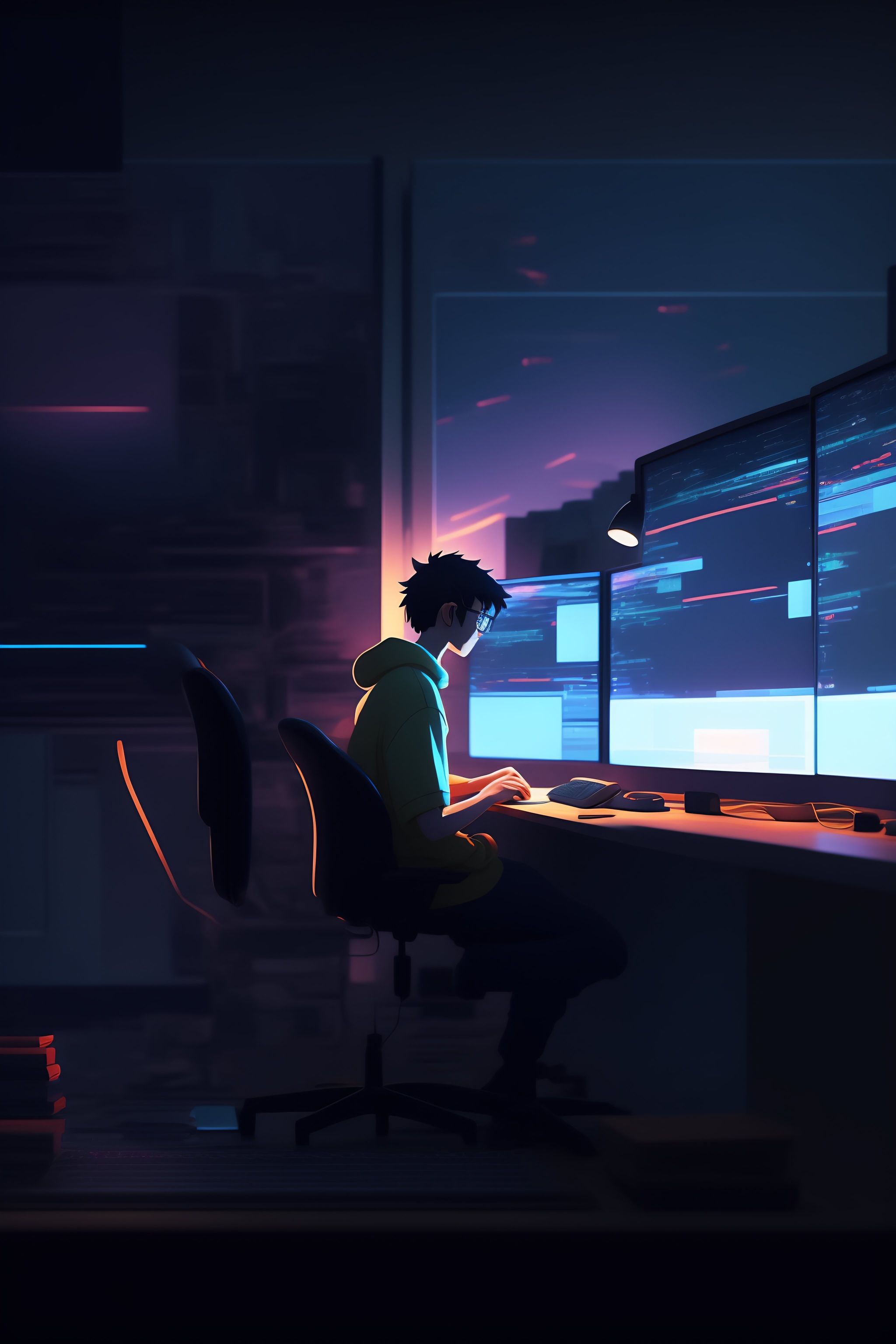 Lexica - A nerdy boy is programming at a computer in a room full of ...