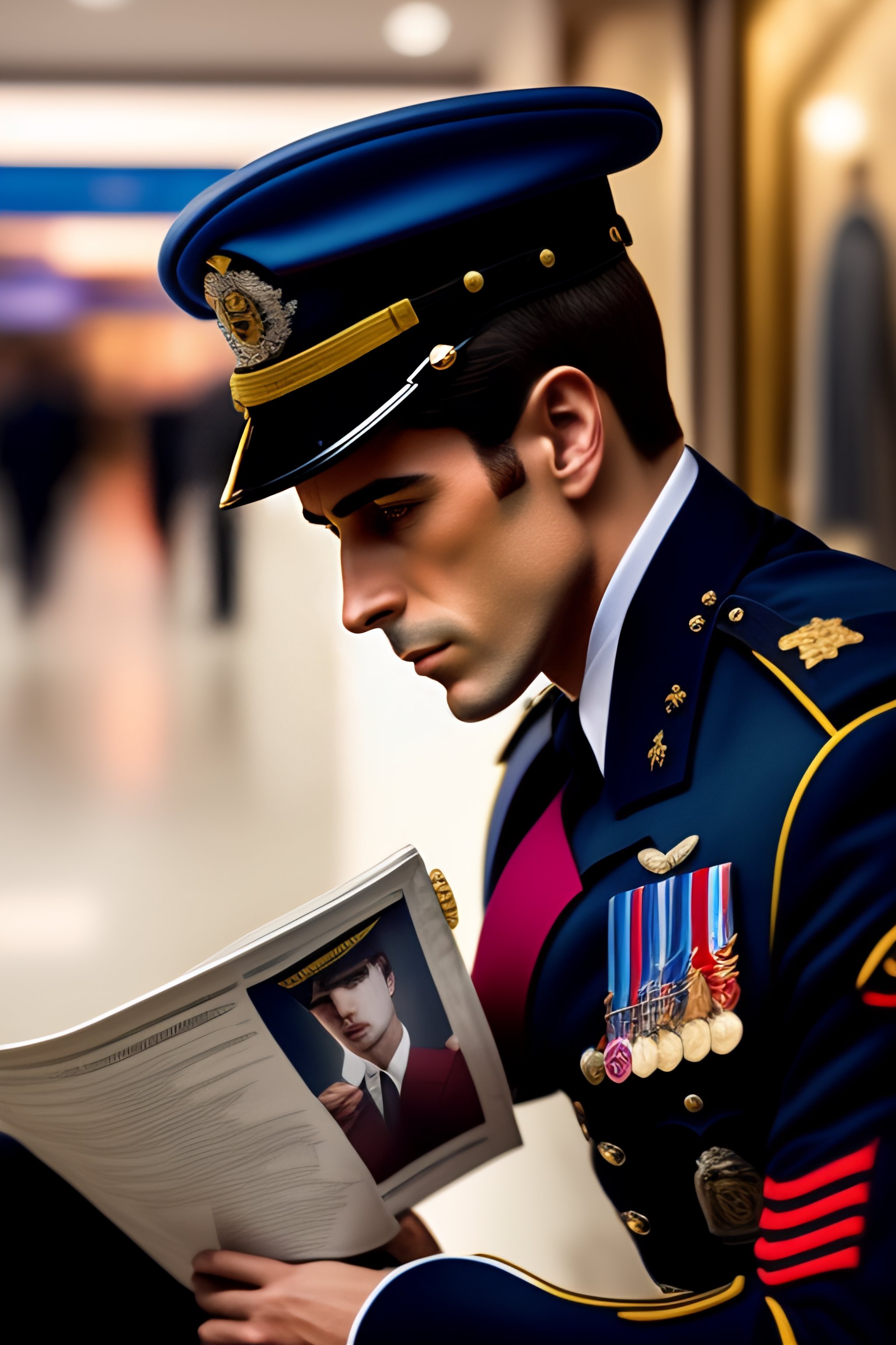 Lexica - A male vampire reading a magazine in a mall in a police uniform