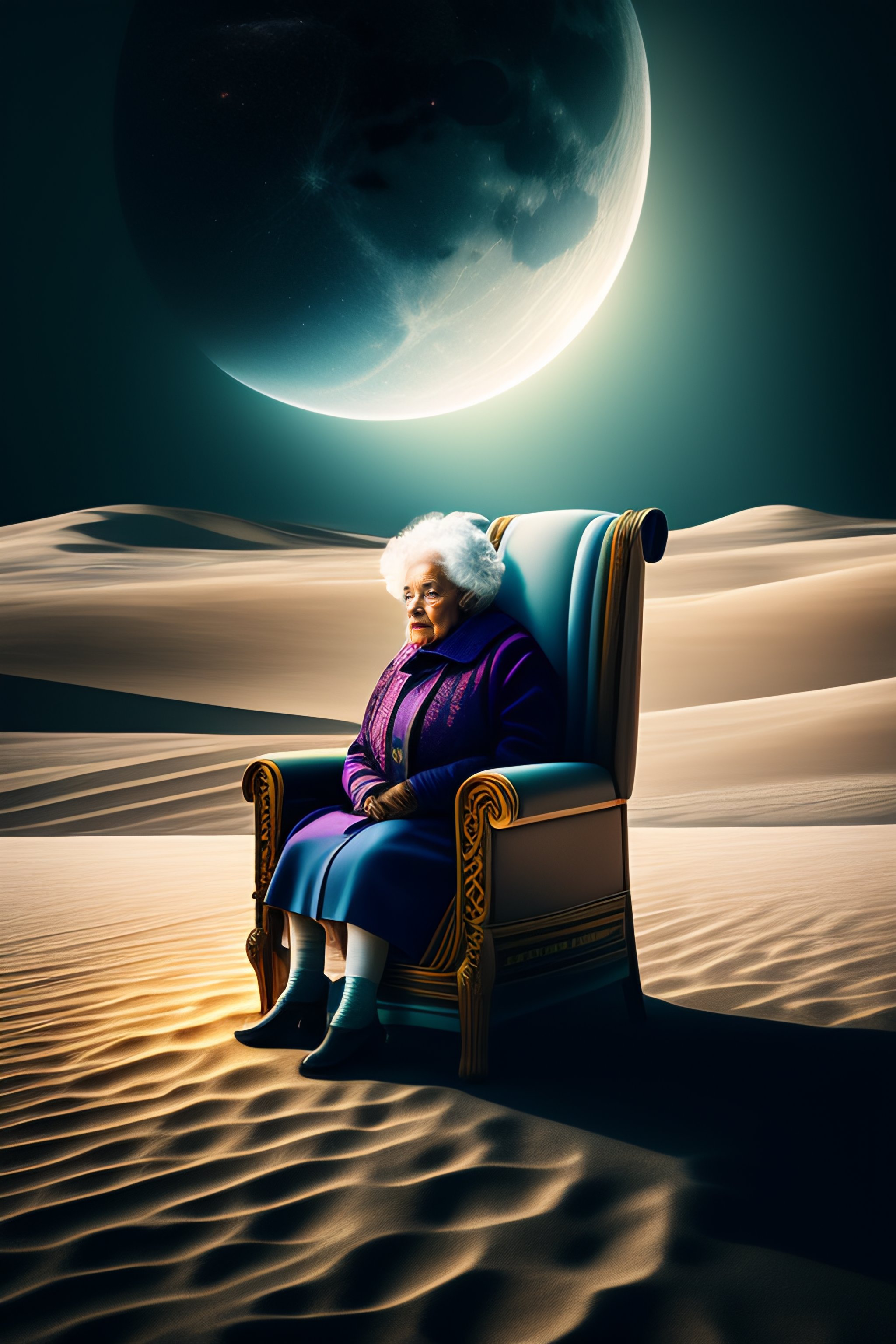 Lexica - Portrait of an old woman in a chair on the moon