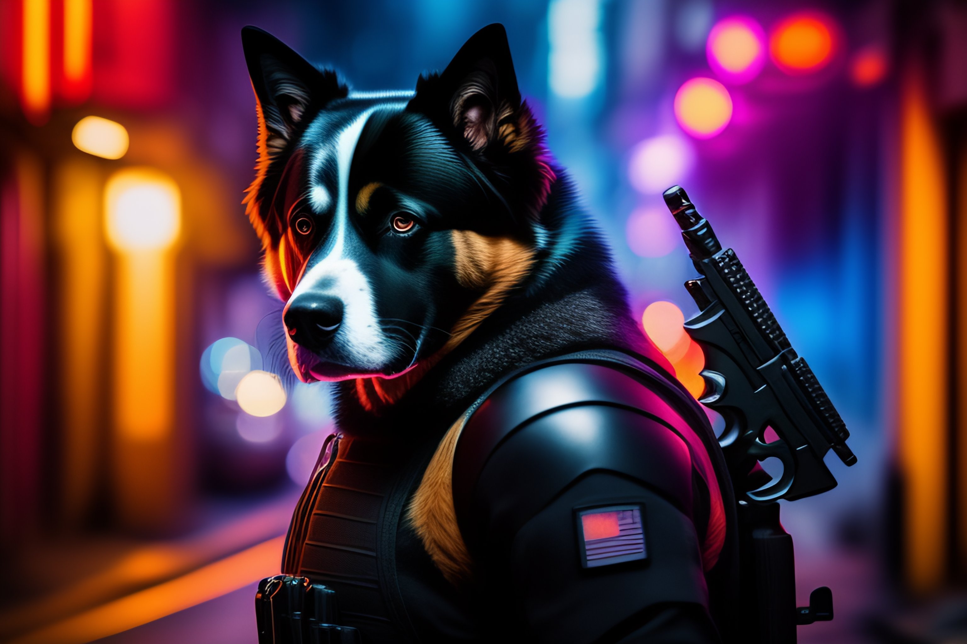 Lexica - Manly dog humanoid in black SWAT suit holding a gun in an ...