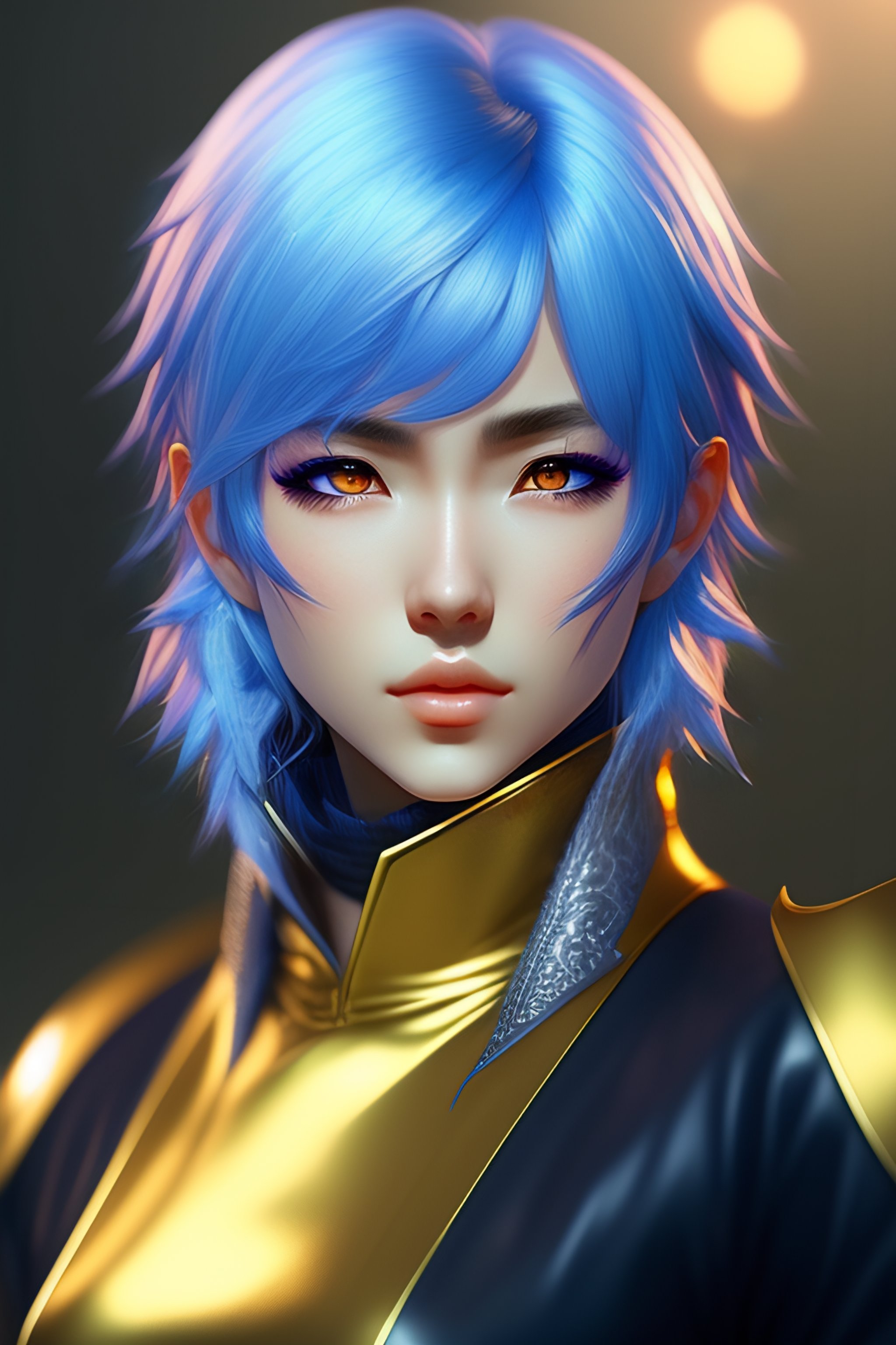 Lexica - Portrait of an anime character hyper realistic blue hair gold eyes