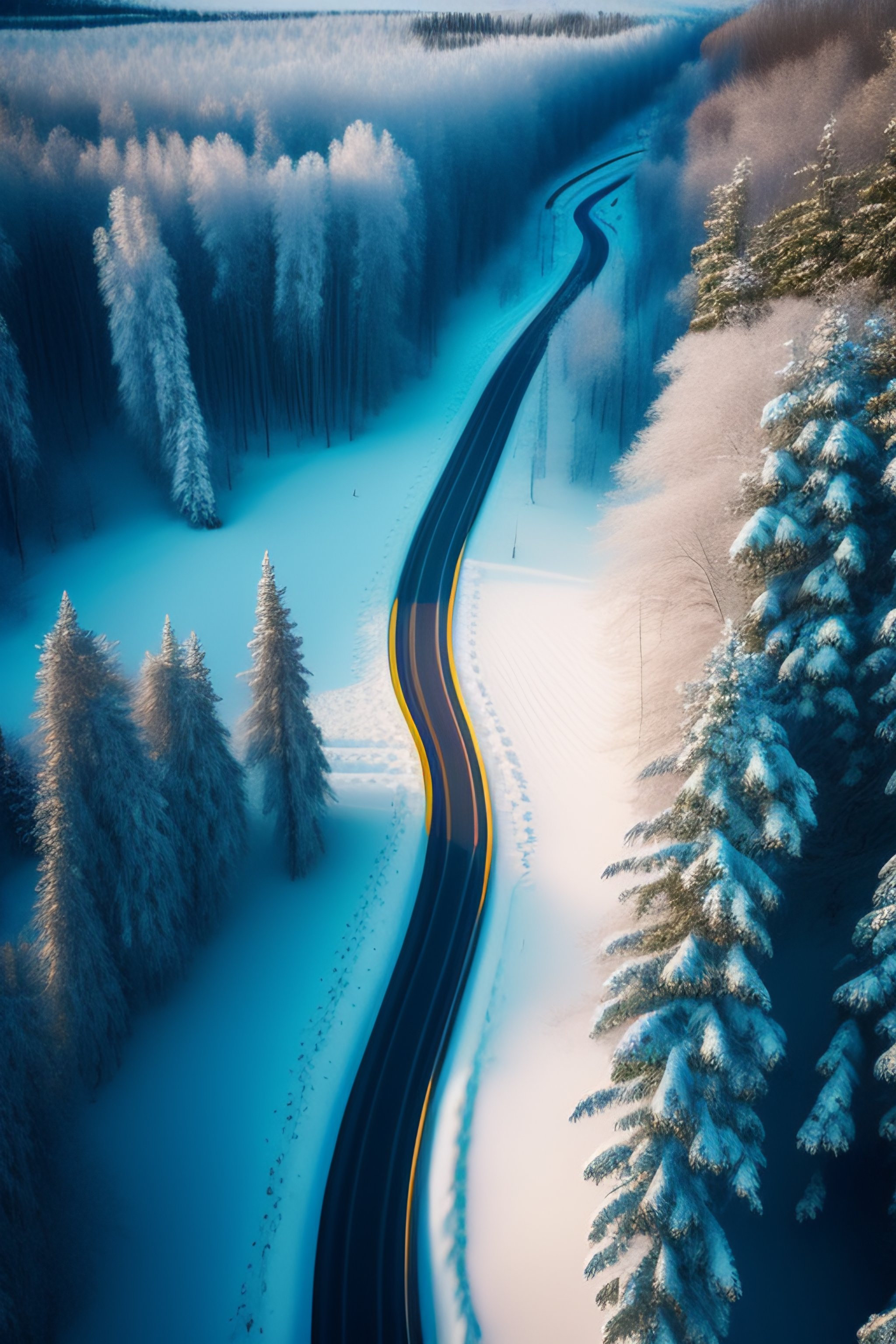 Lexica - Wavy road through a snowy forest. It snows, it's December ...