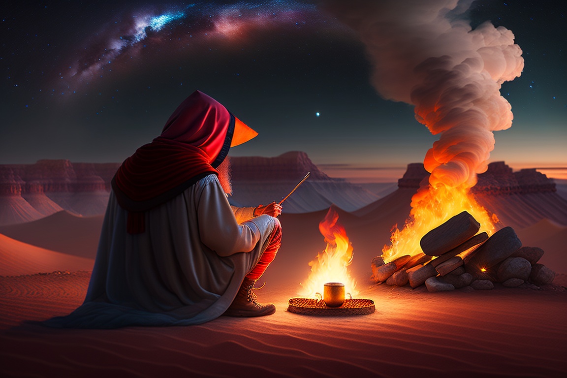 Lexica - A bedouin storyteller from the back sitting on the ground near ...