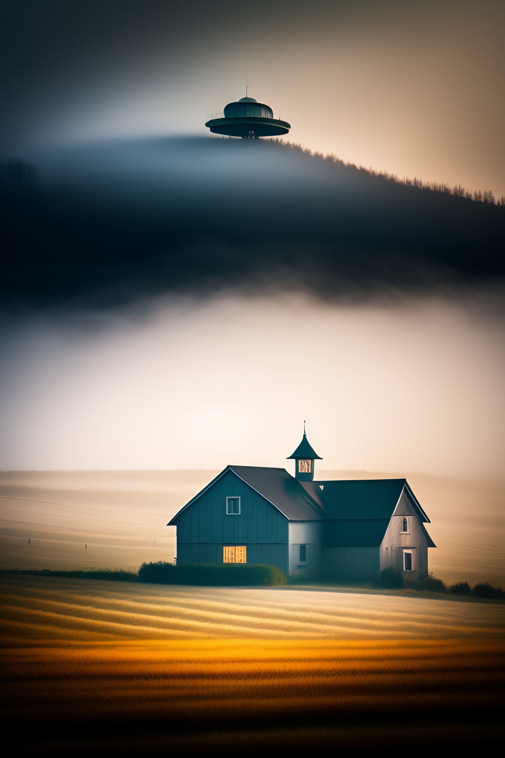Lexica - Ufo in the fog, farm house