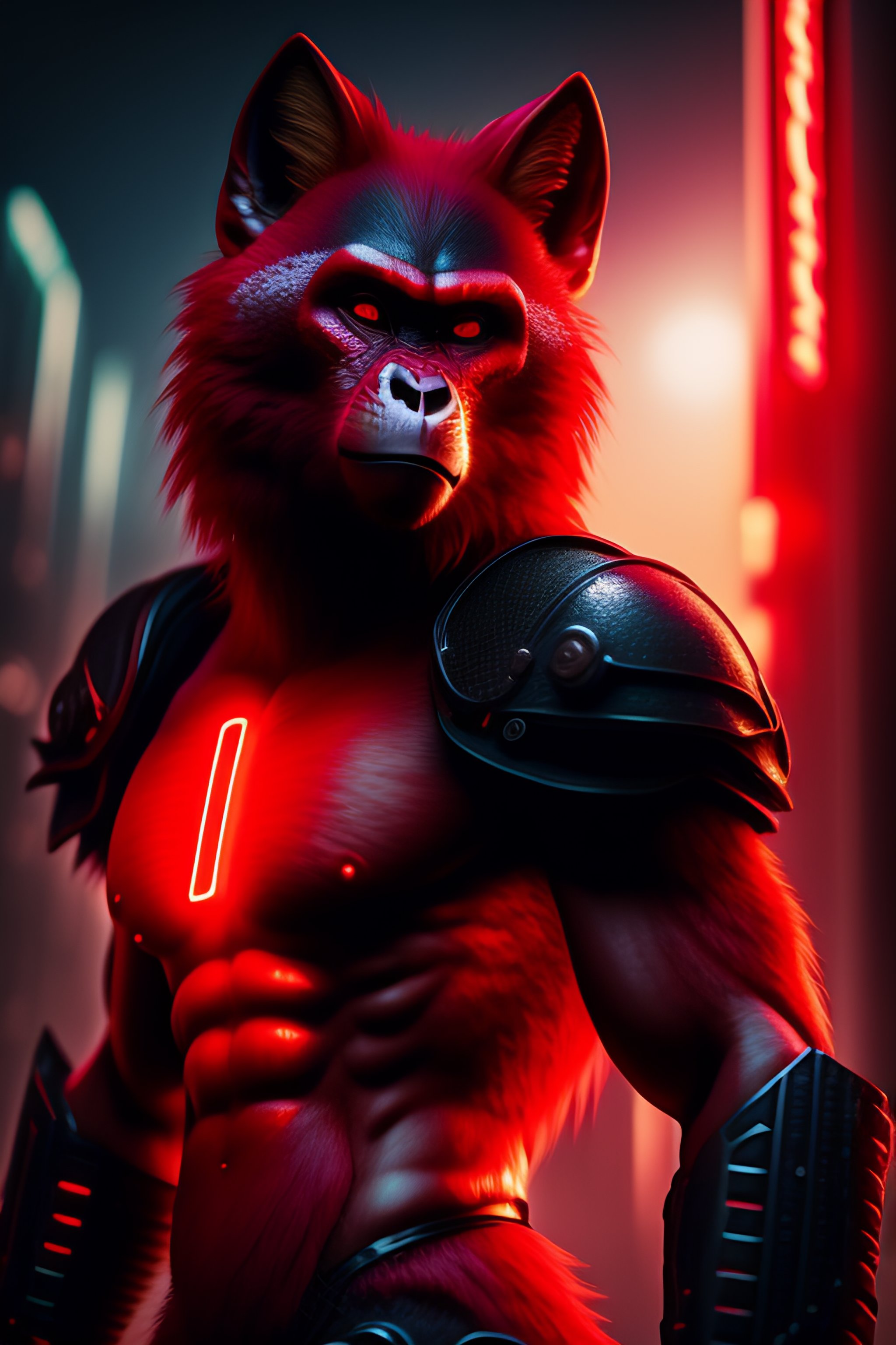 Lexica - Male red monkey-fox humanoid, red lights, metropolis, cyber ...