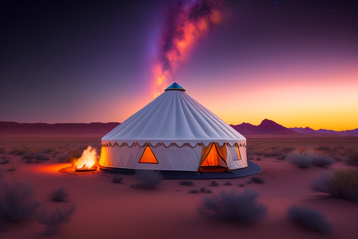 Lexica - White yurt tent in the middle of the desert, mountain backdrop ...