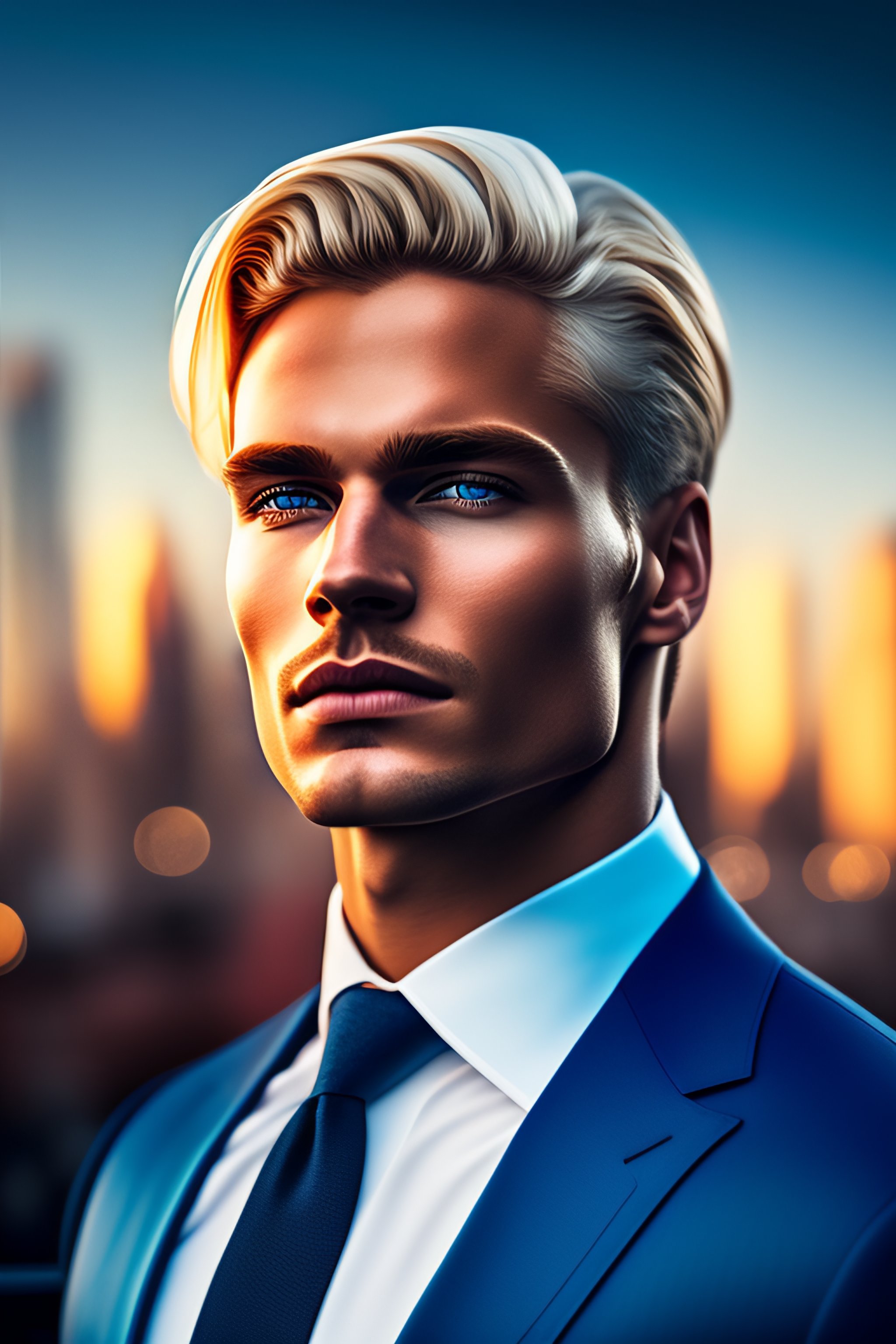 Lexica A Portrait Of An Elegant Man Blond Hair Blue Eyes A City In The Background