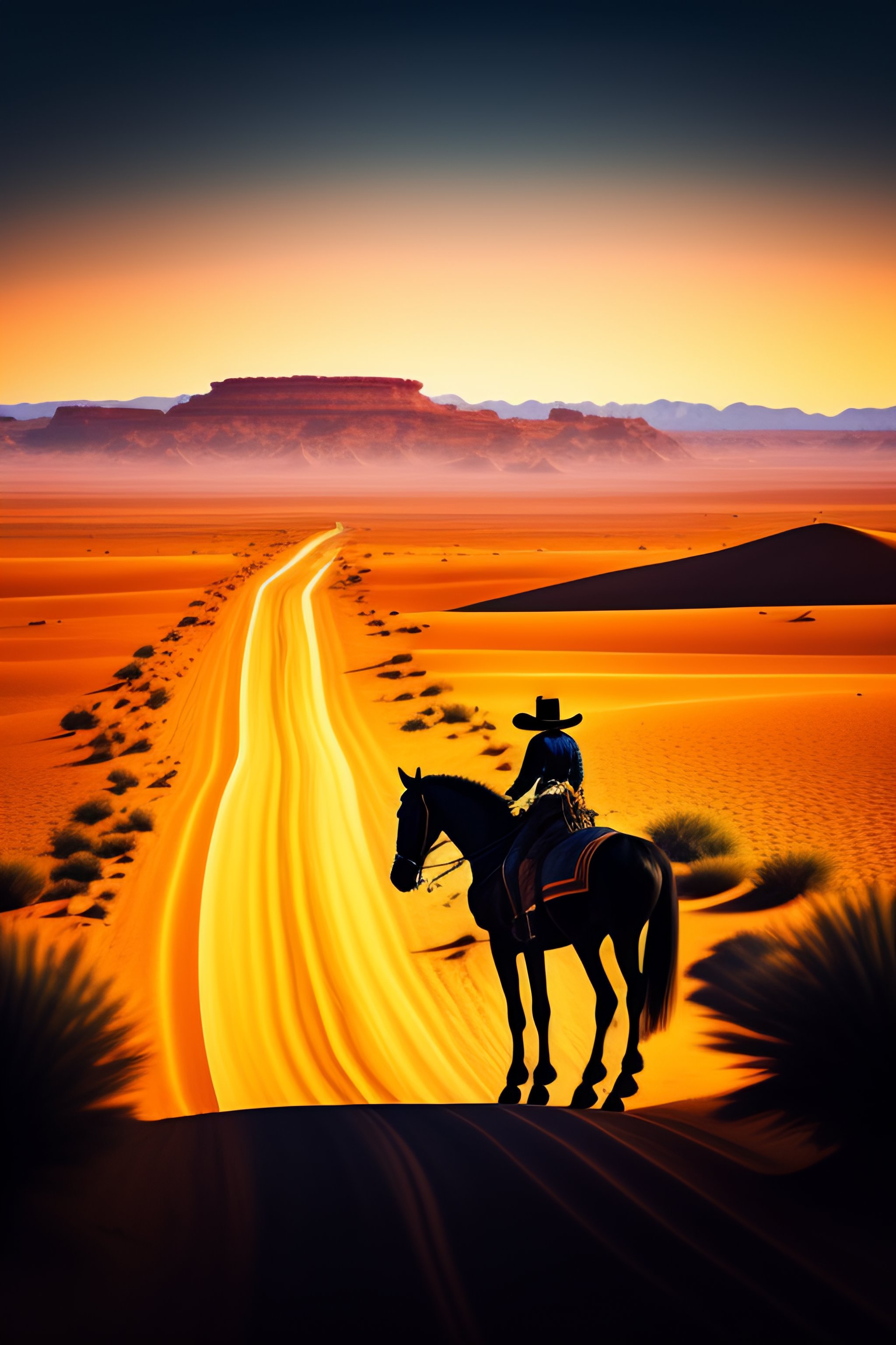 Lexica - Silhouette of a lone outlaw riding into town, western, desert ...