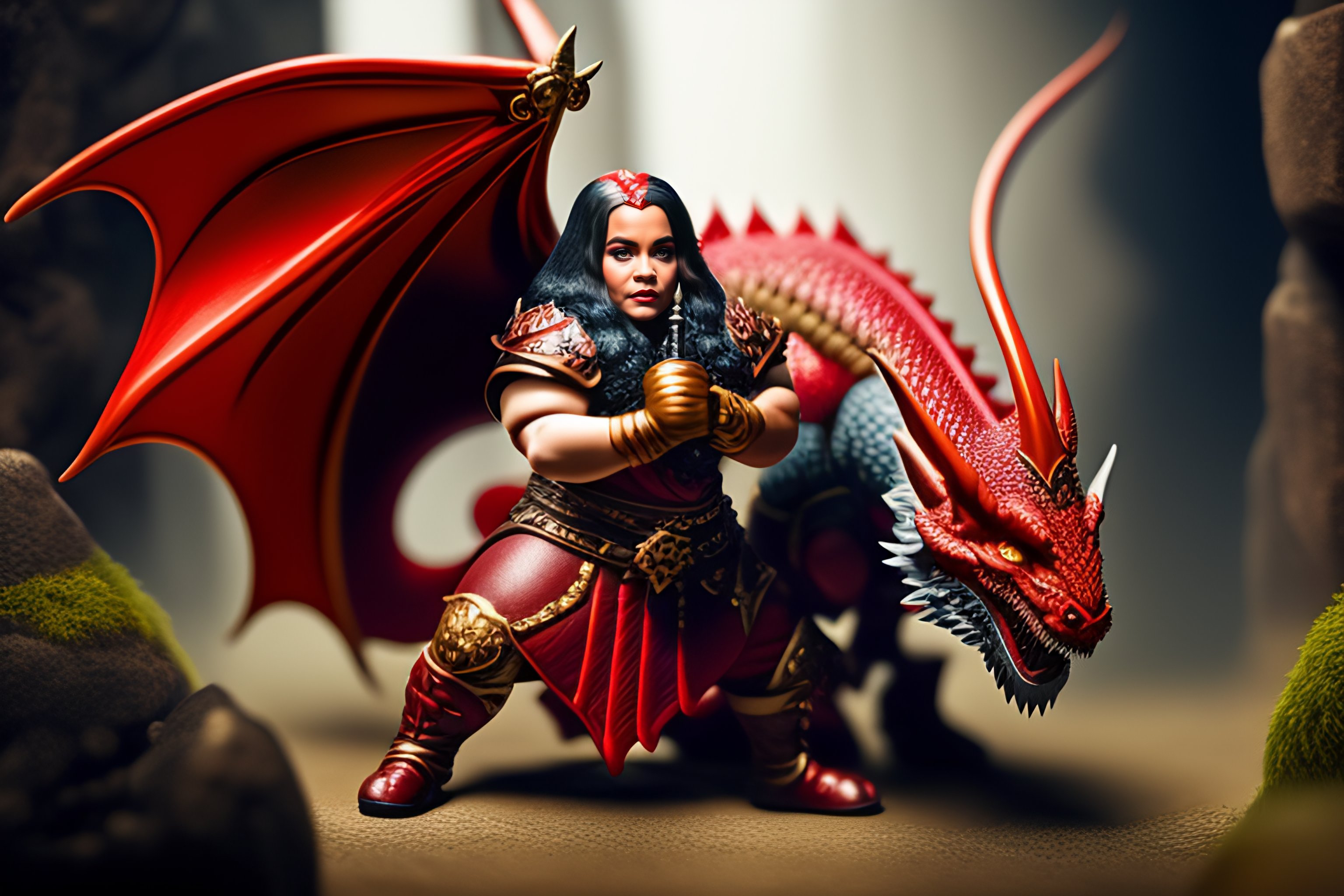 Lexica - Female dwarf fighting a red dragon