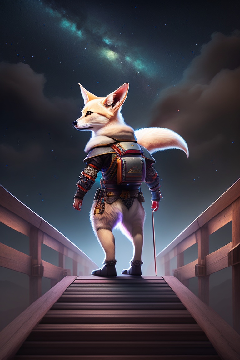 Lexica - Fennec robot samurai view from his back walking on a old and ...