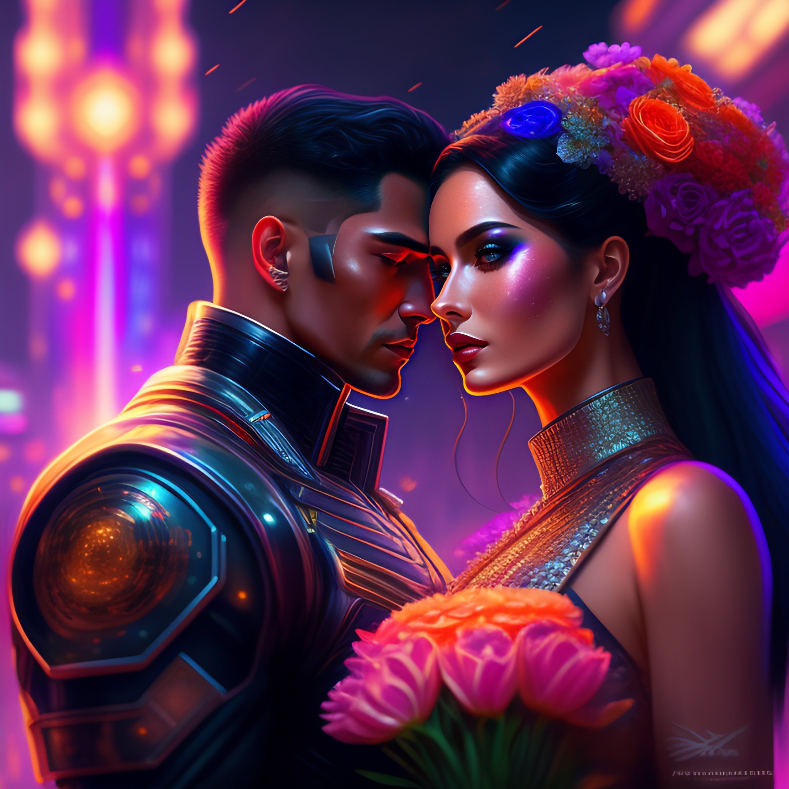 Lexica - An android man gives a bouquet of flowers to a beautiful human ...