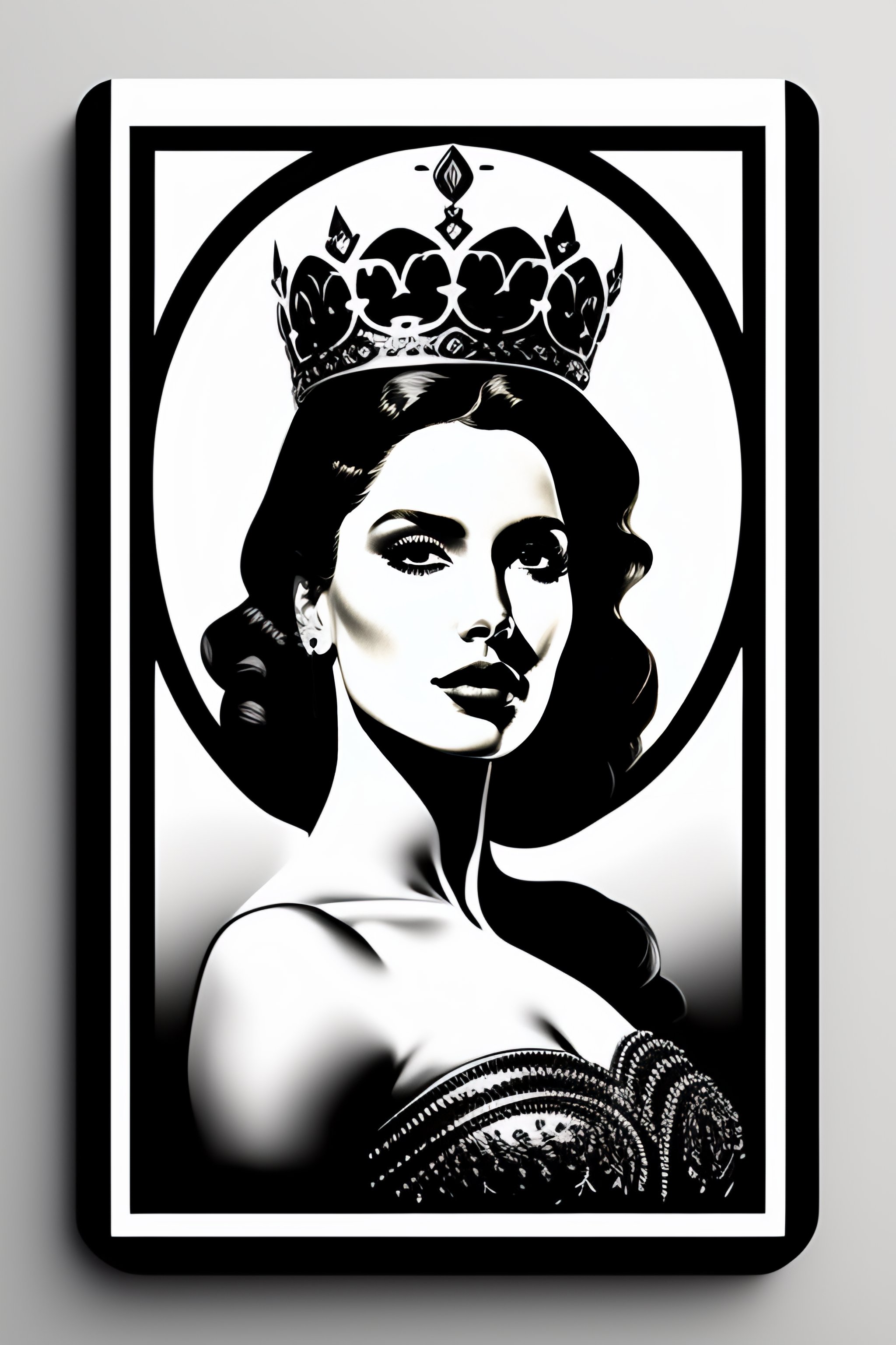 Lexica - Outline, queen card, white background, black and white