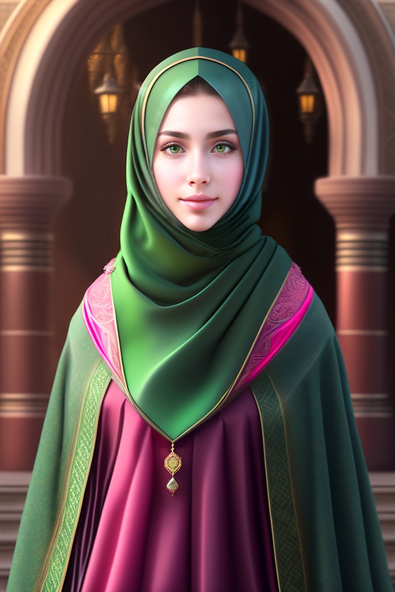 Lexica - Cute hijab girl wearing medieval mage clothing،Green eyes, pink dress