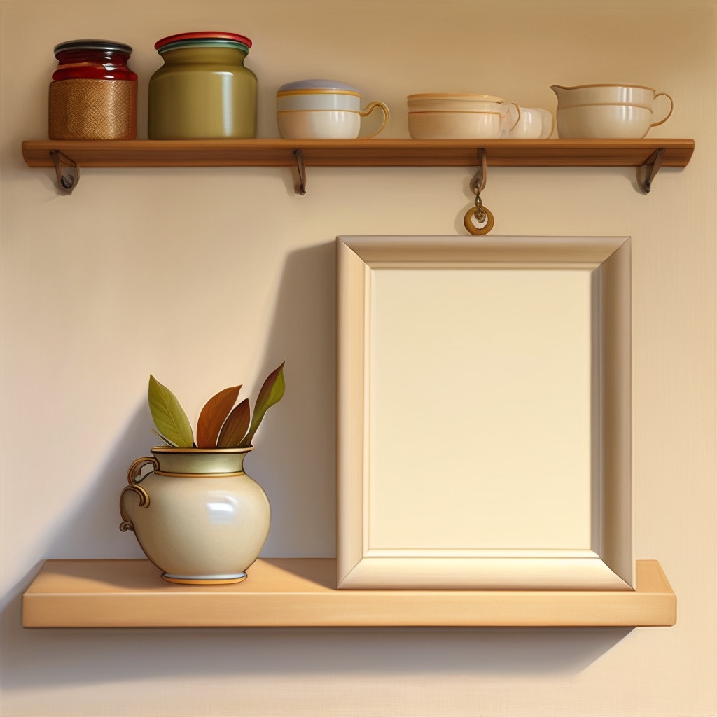 Lexica - Cream background, EMPTY kitchen shelf hanging on a on a plain ...