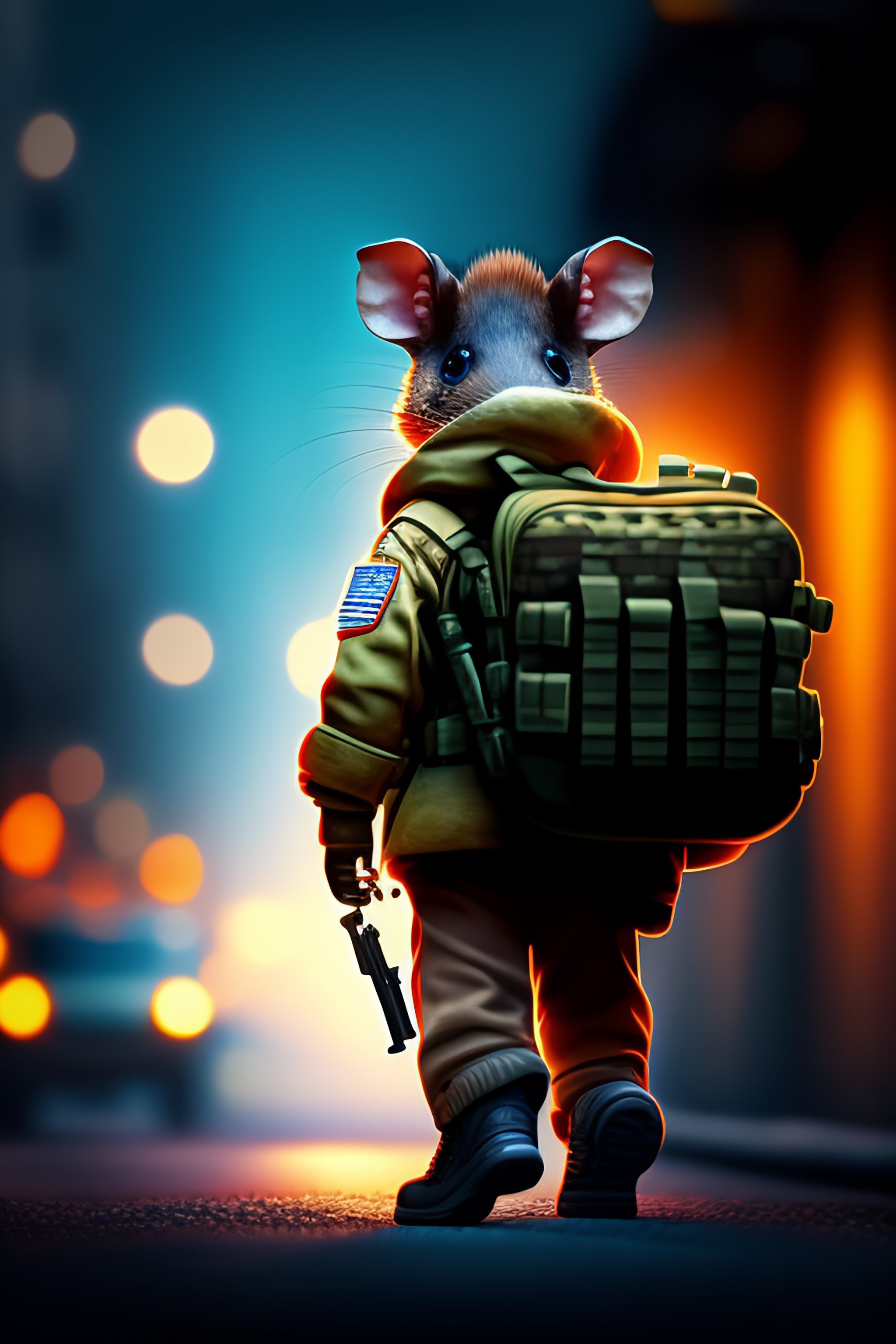 Lexica - A military rat with a machine gun walking with a baby by an ...