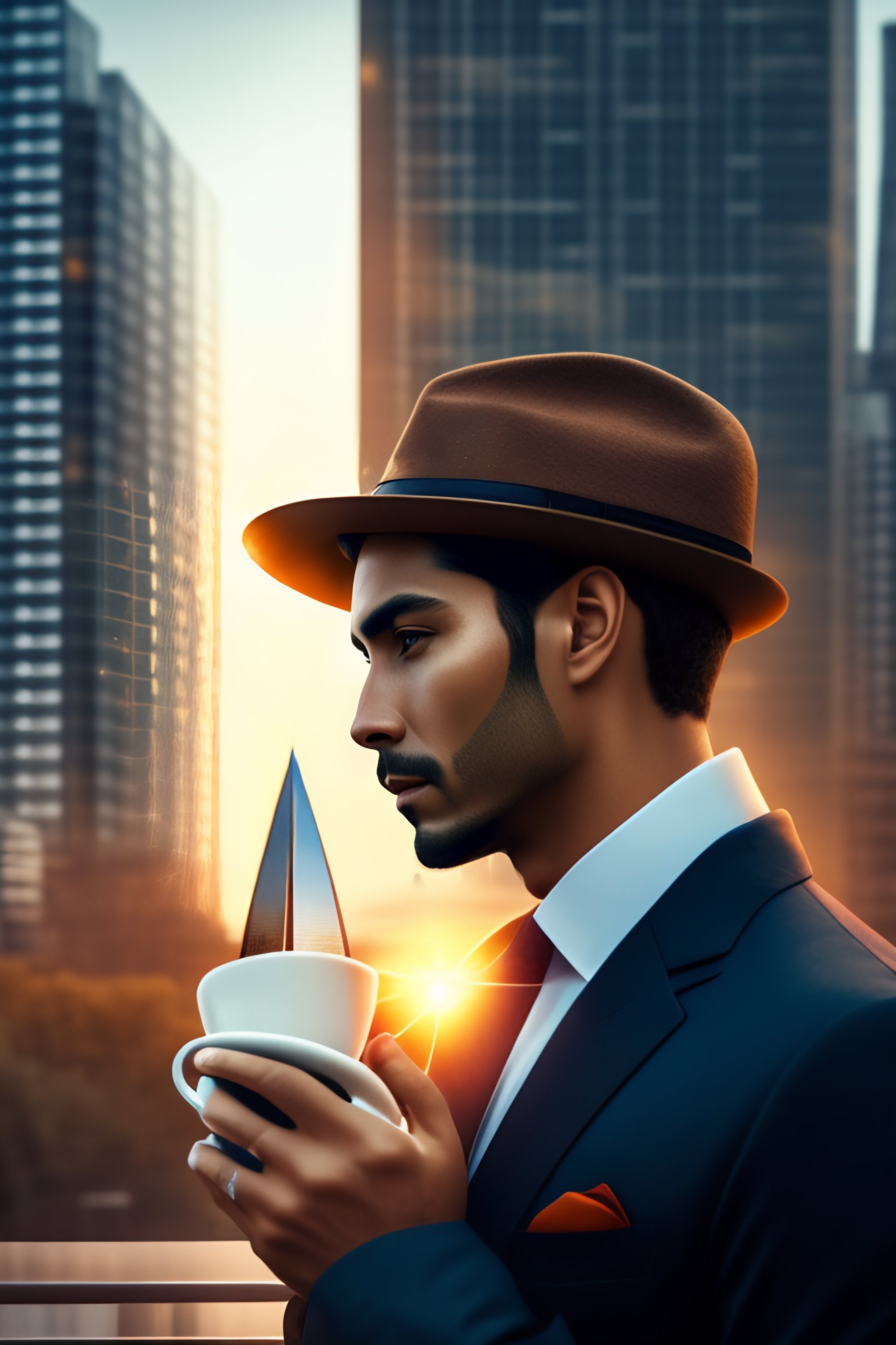 Lexica - Solarpunk man drinking coffee with background as A high tech ...