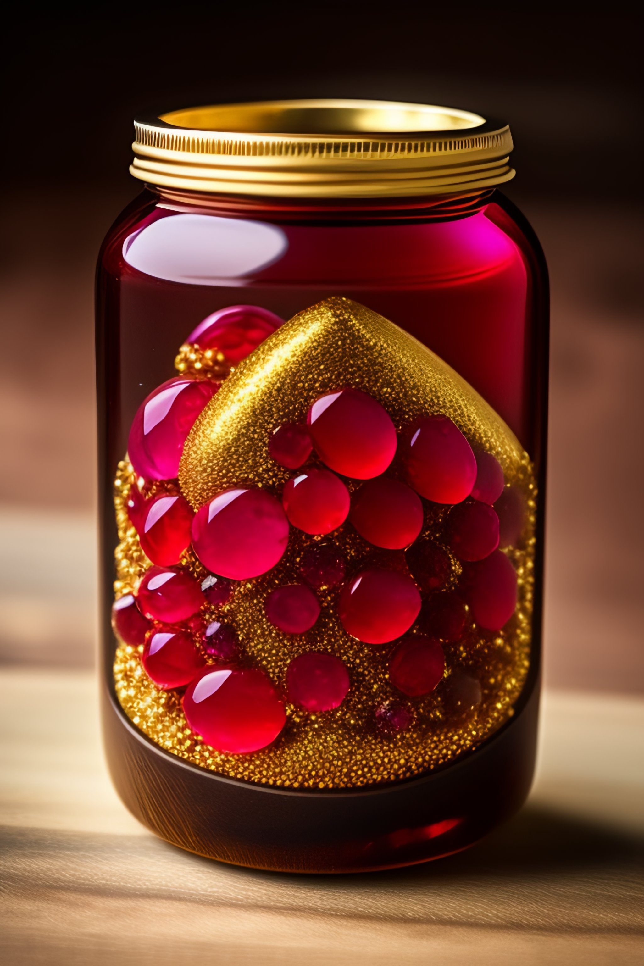 Lexica - Ruby gemstones mixed with gold flakes in a jar