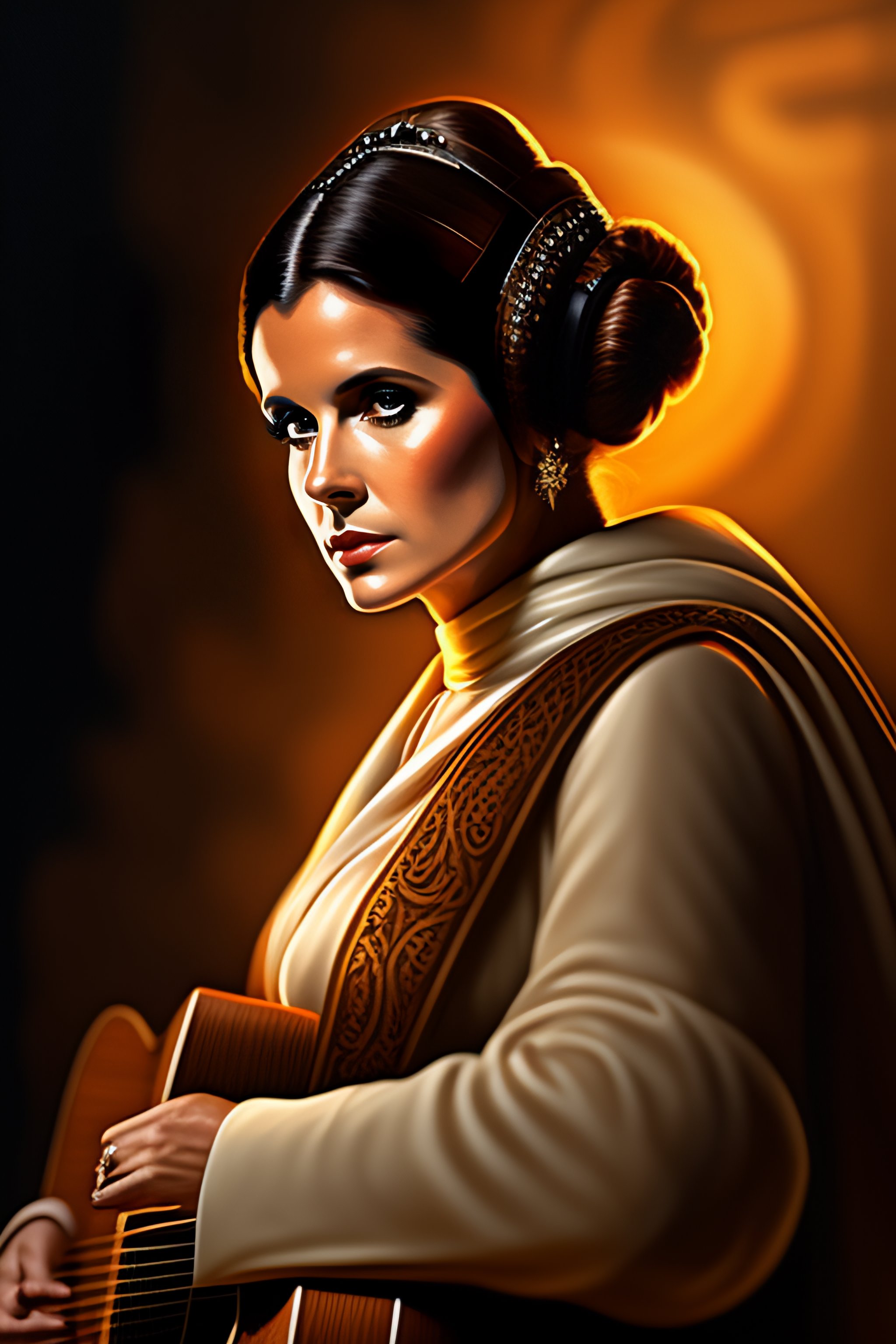 Lexica - Portrait of princess leia playing the guitar, intricate ...