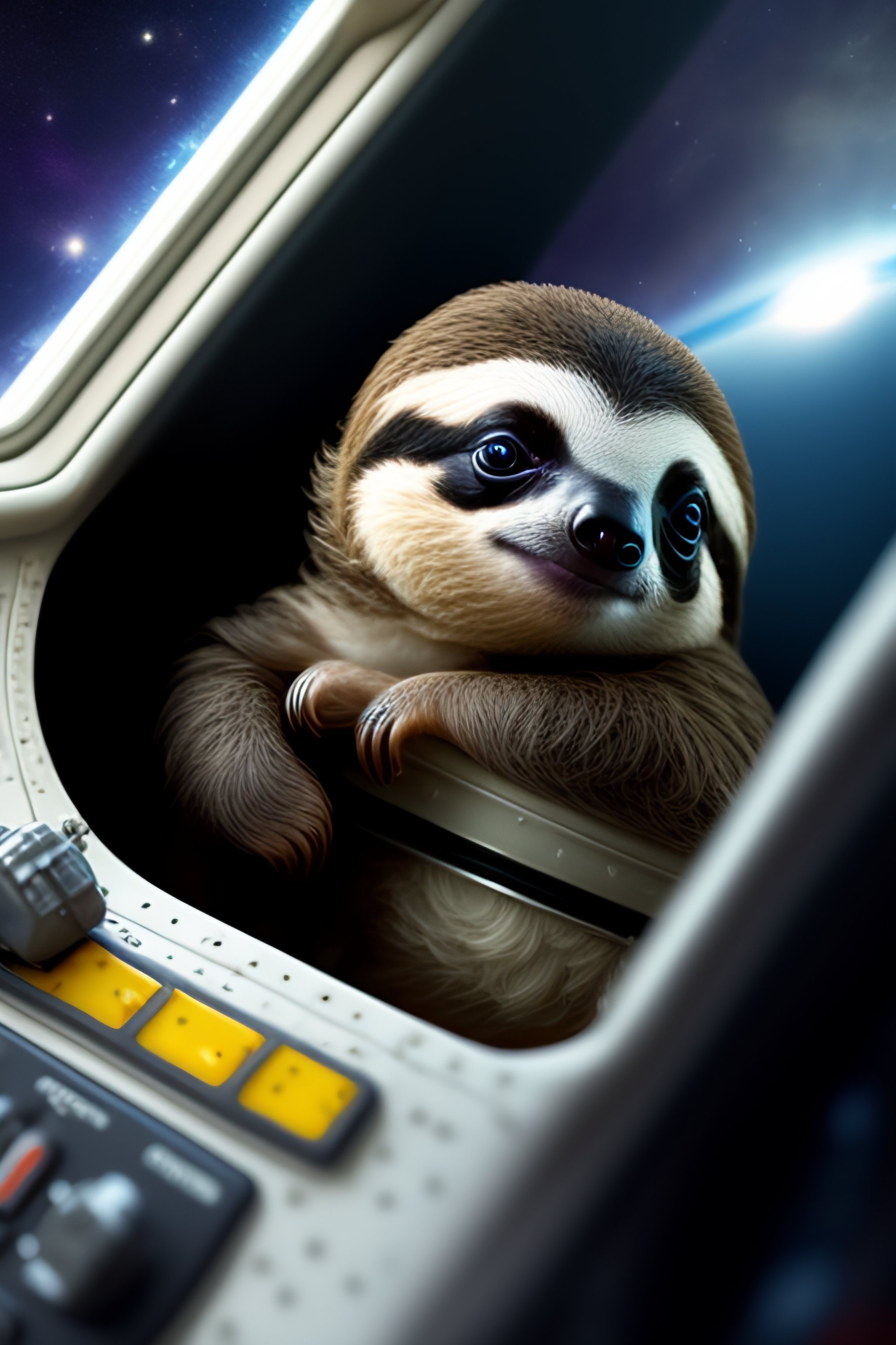 Lexica - A cute and tiny sloth in a space shuttle control cockpit