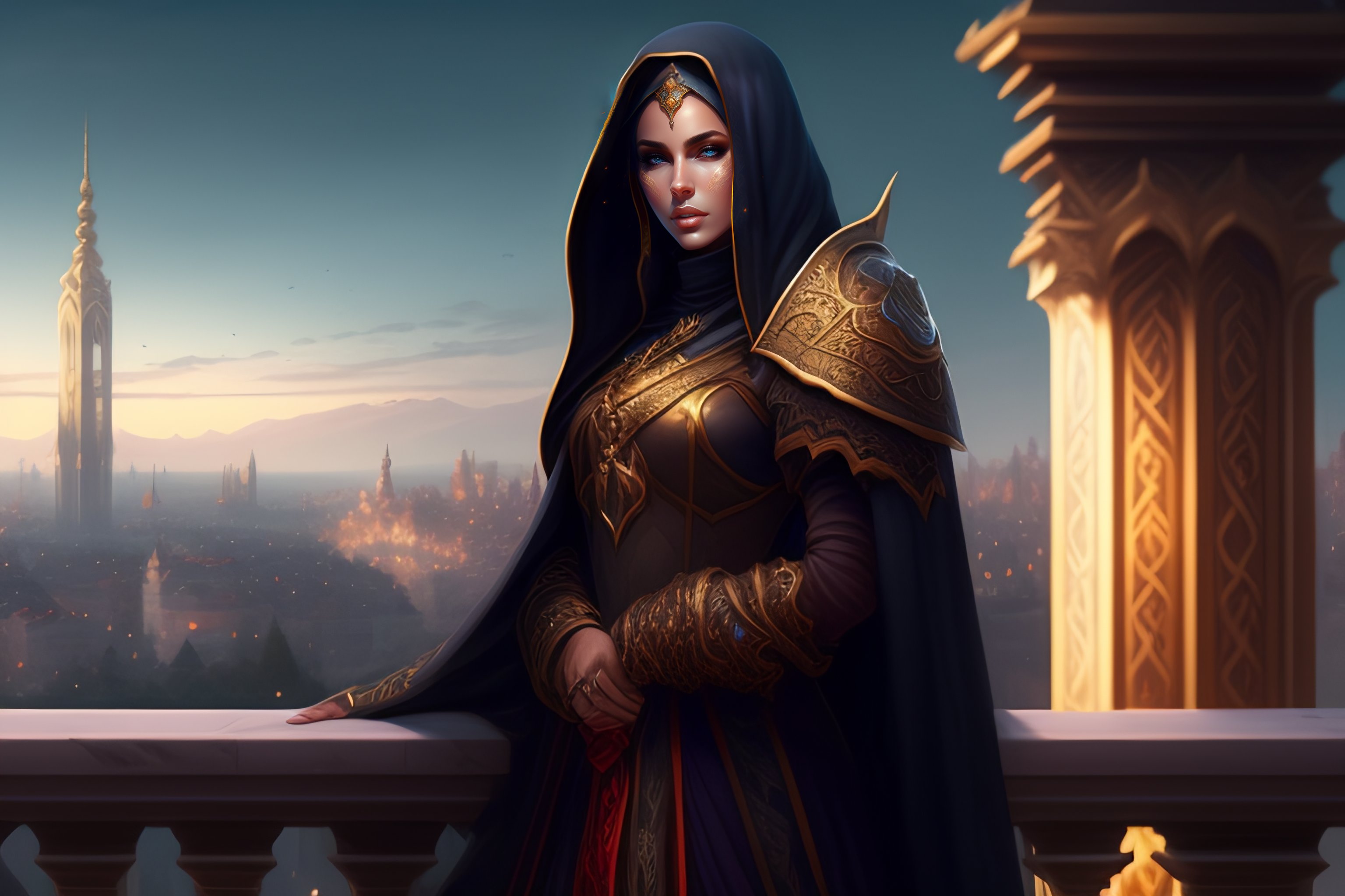 Lexica - Beautiful necromancer standing on a balcony the city below is ...