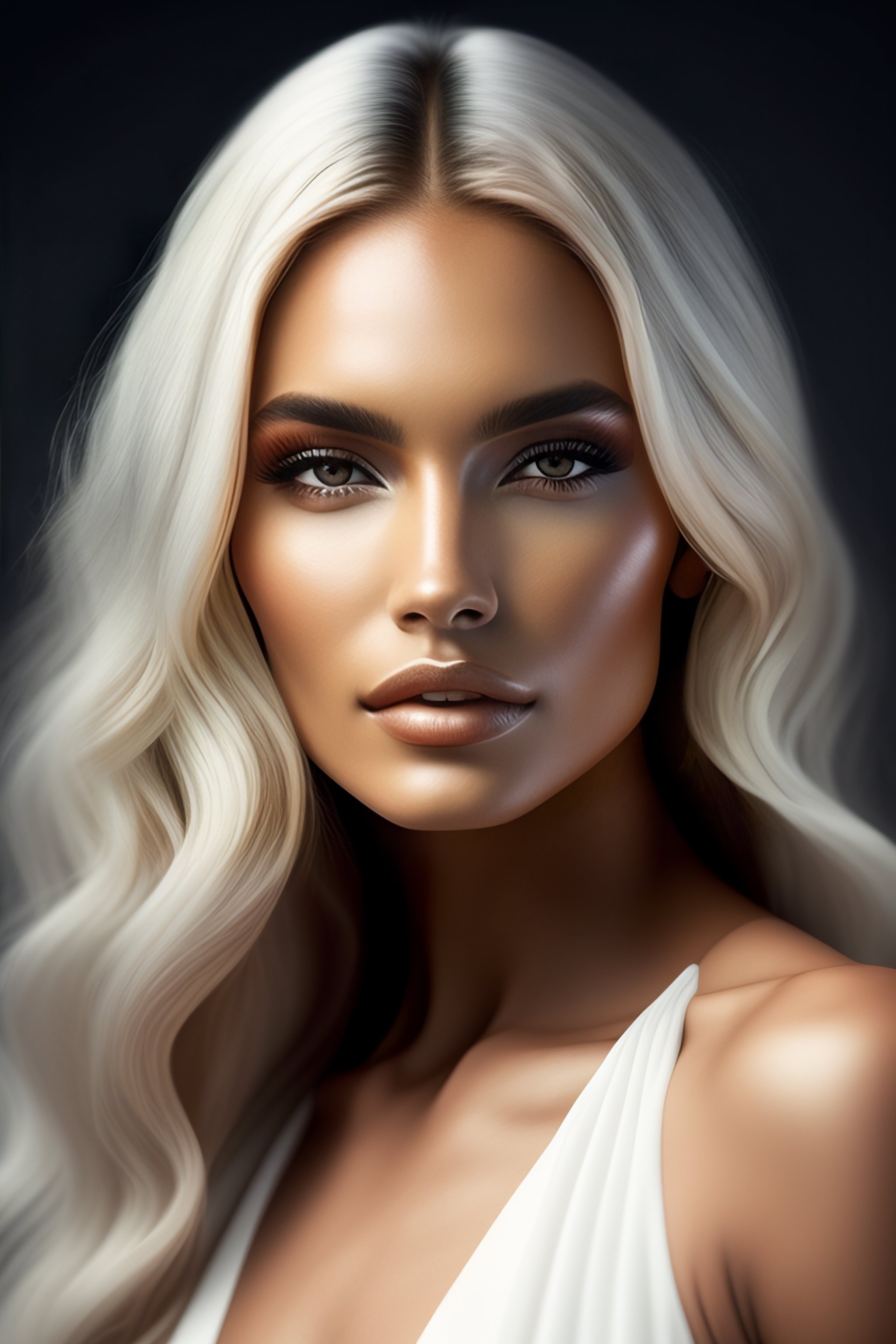 Lexica - Beautiful Women, White Eyes, Grey Skin, Long Black Hair