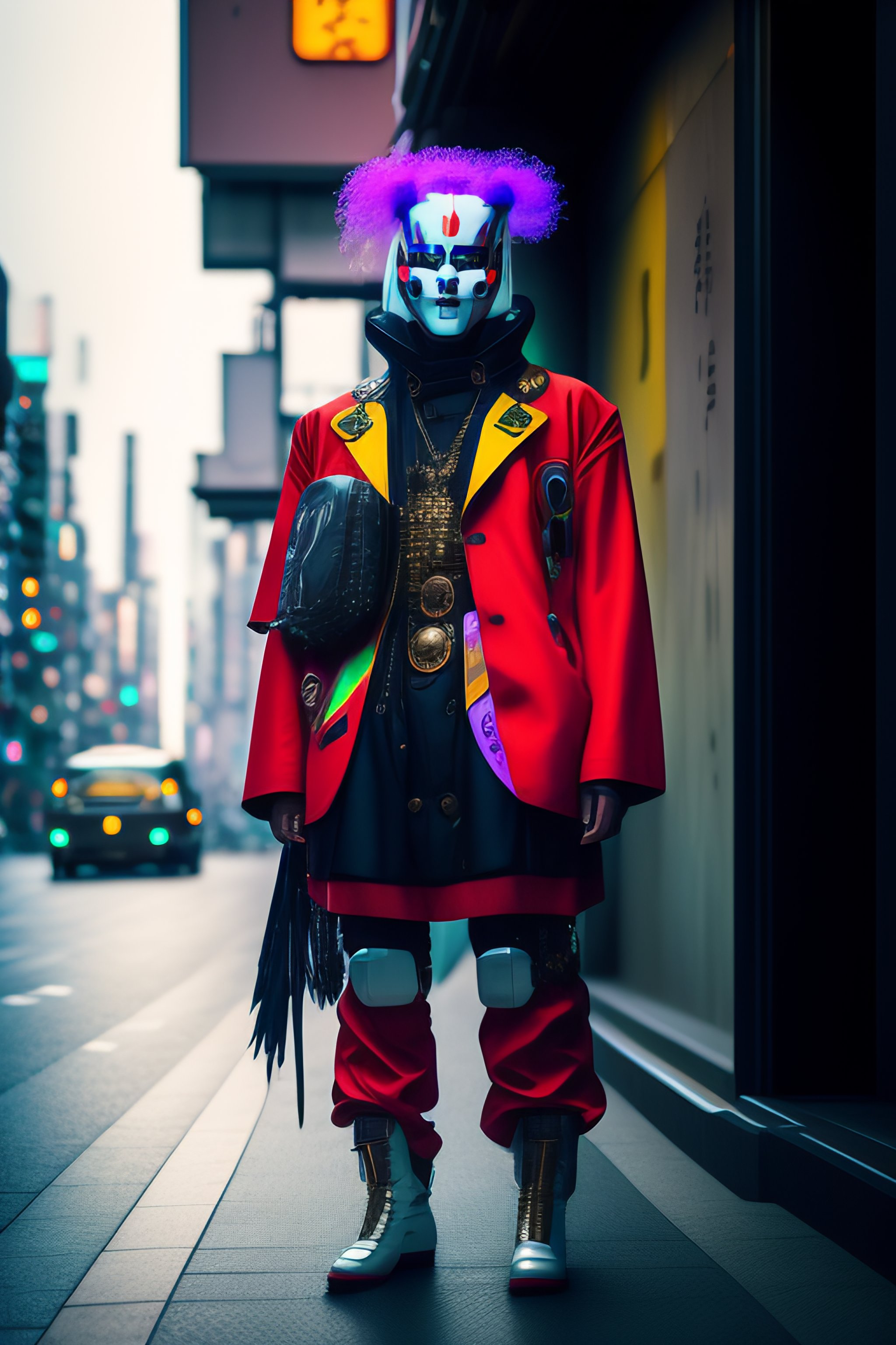 Lexica - Cyberpunk robot clown wandering through tokyo