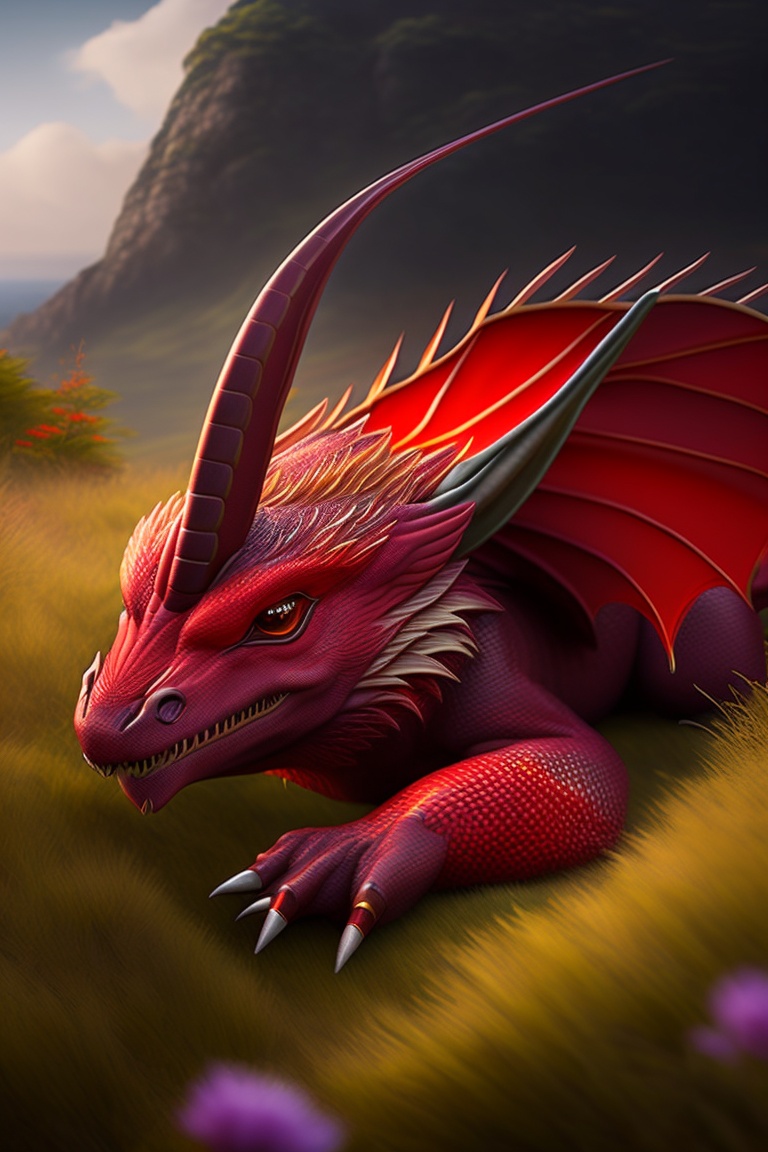 Lexica - An awe-inspiring dark red dragon, lying like a playful puppy, lies on its back with its ...