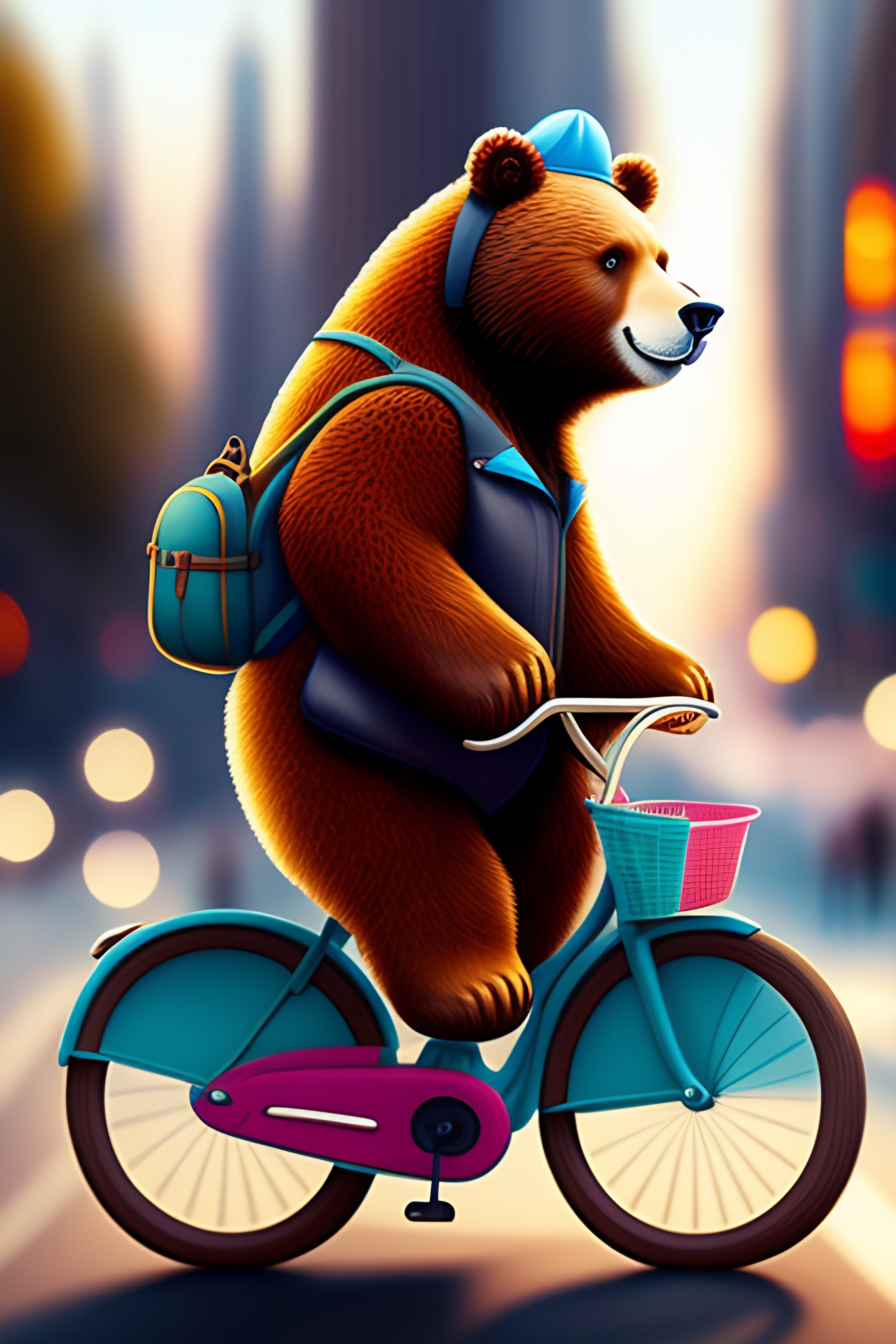 Lexica - Thin and cute bear traveling in the city in the morning ...