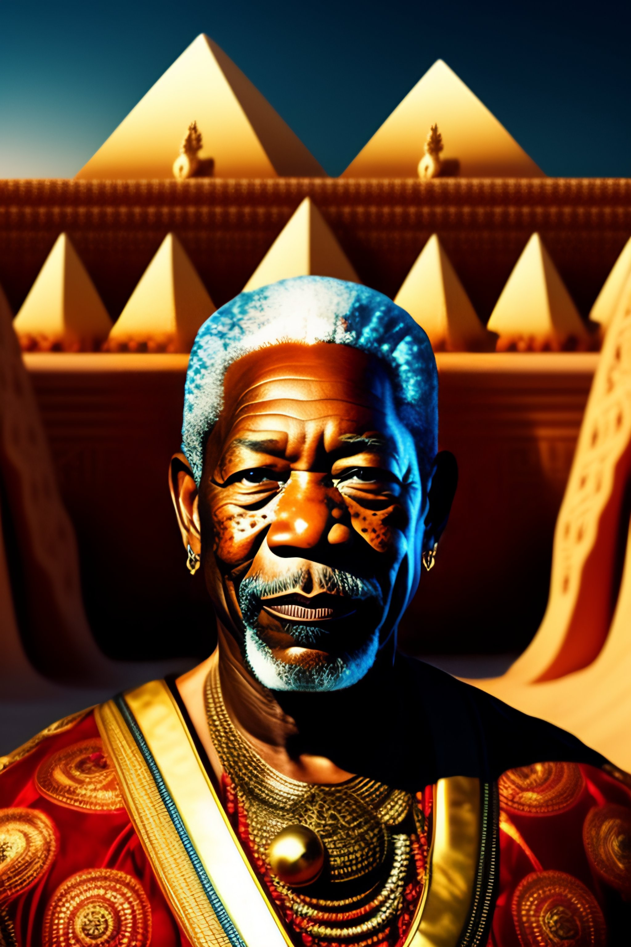 Lexica - Morgan freeman as an african king, wide angel shot with ...