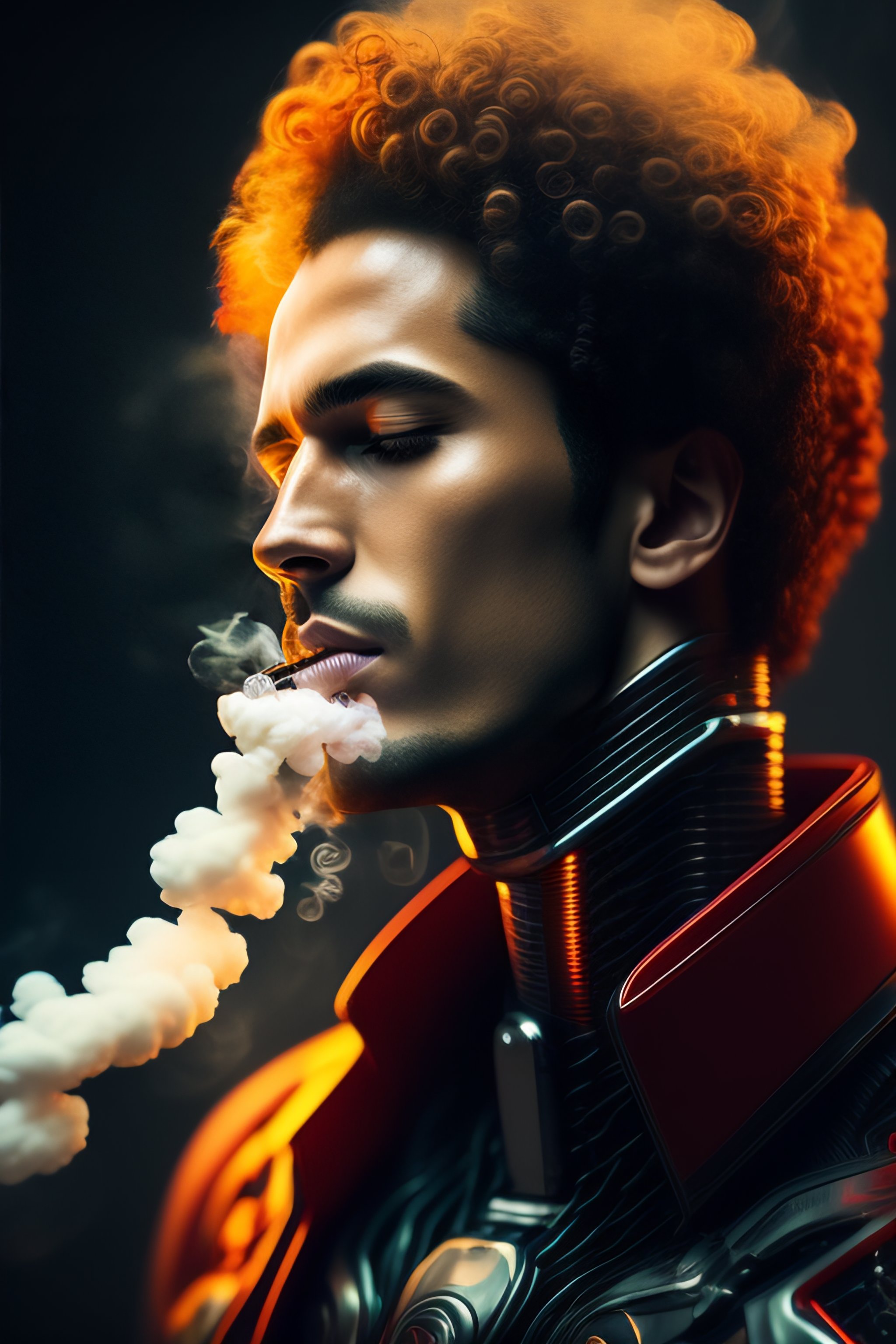 Lexica - Robot male one eye closed , curly hair, smoking cigarette