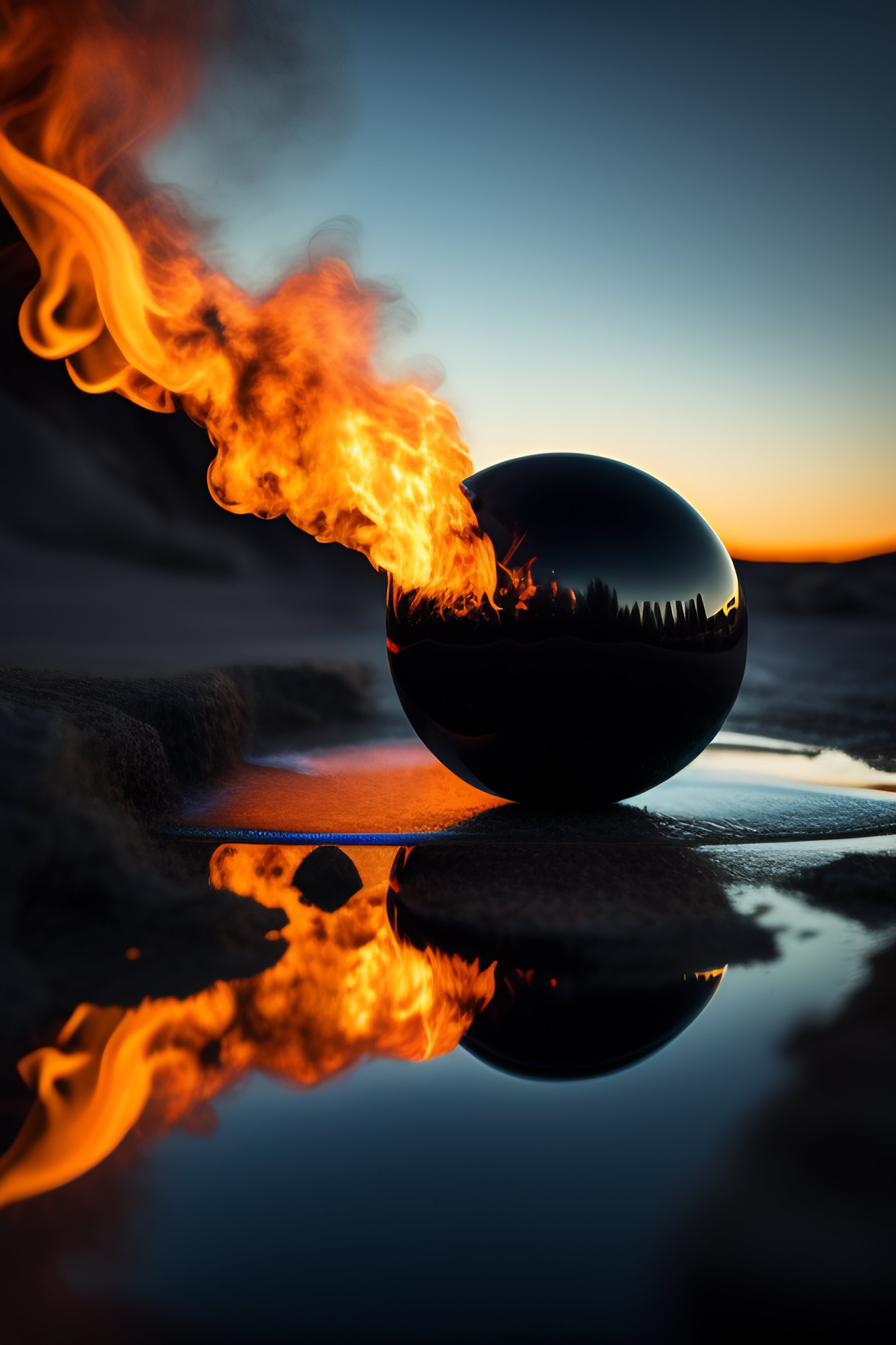 Lexica - Eight ball made in water, black, number 8 on fire in the middle
