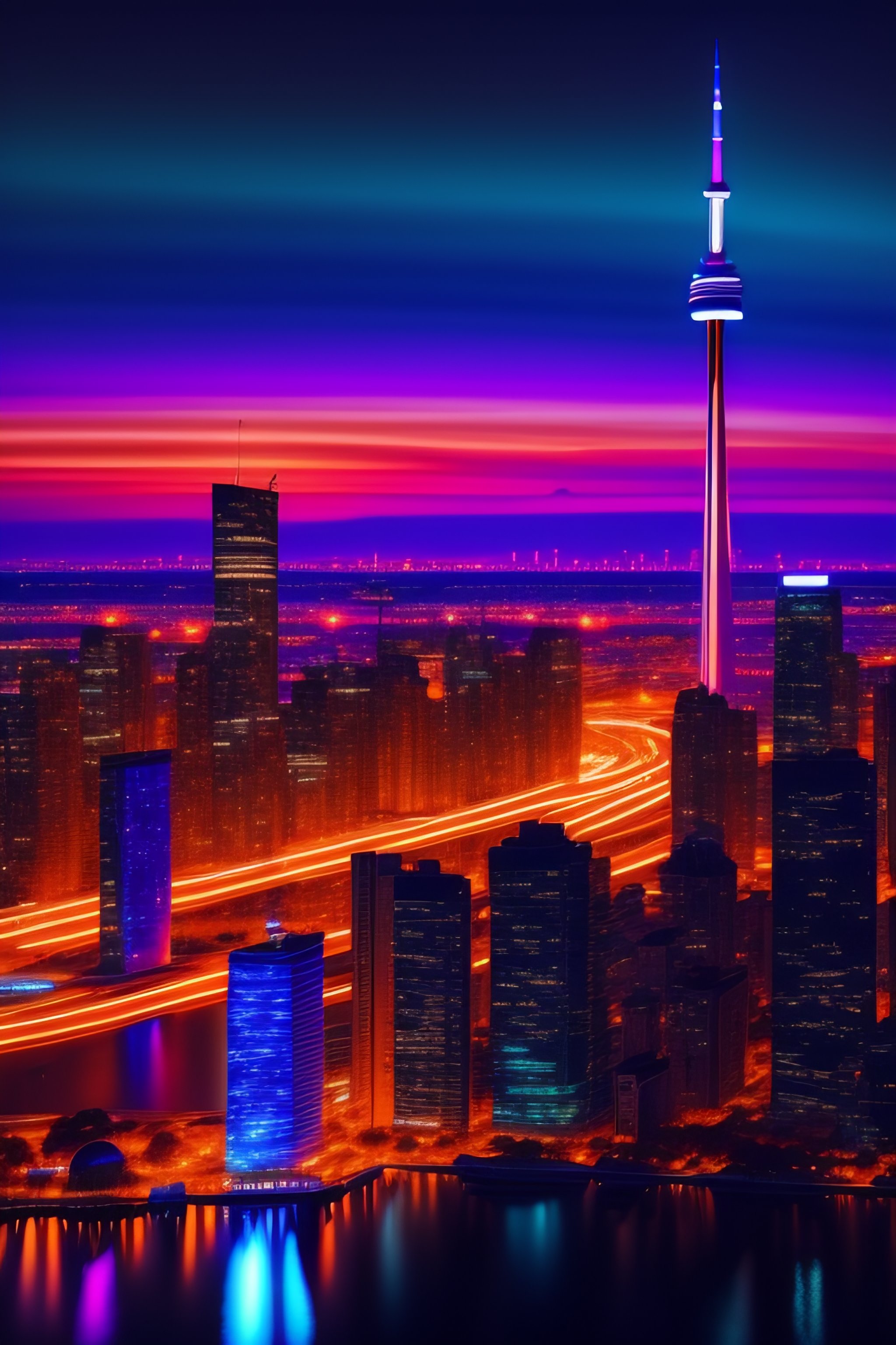 Lexica - Toronto city skyline at night, neon, bright, futuristic ...