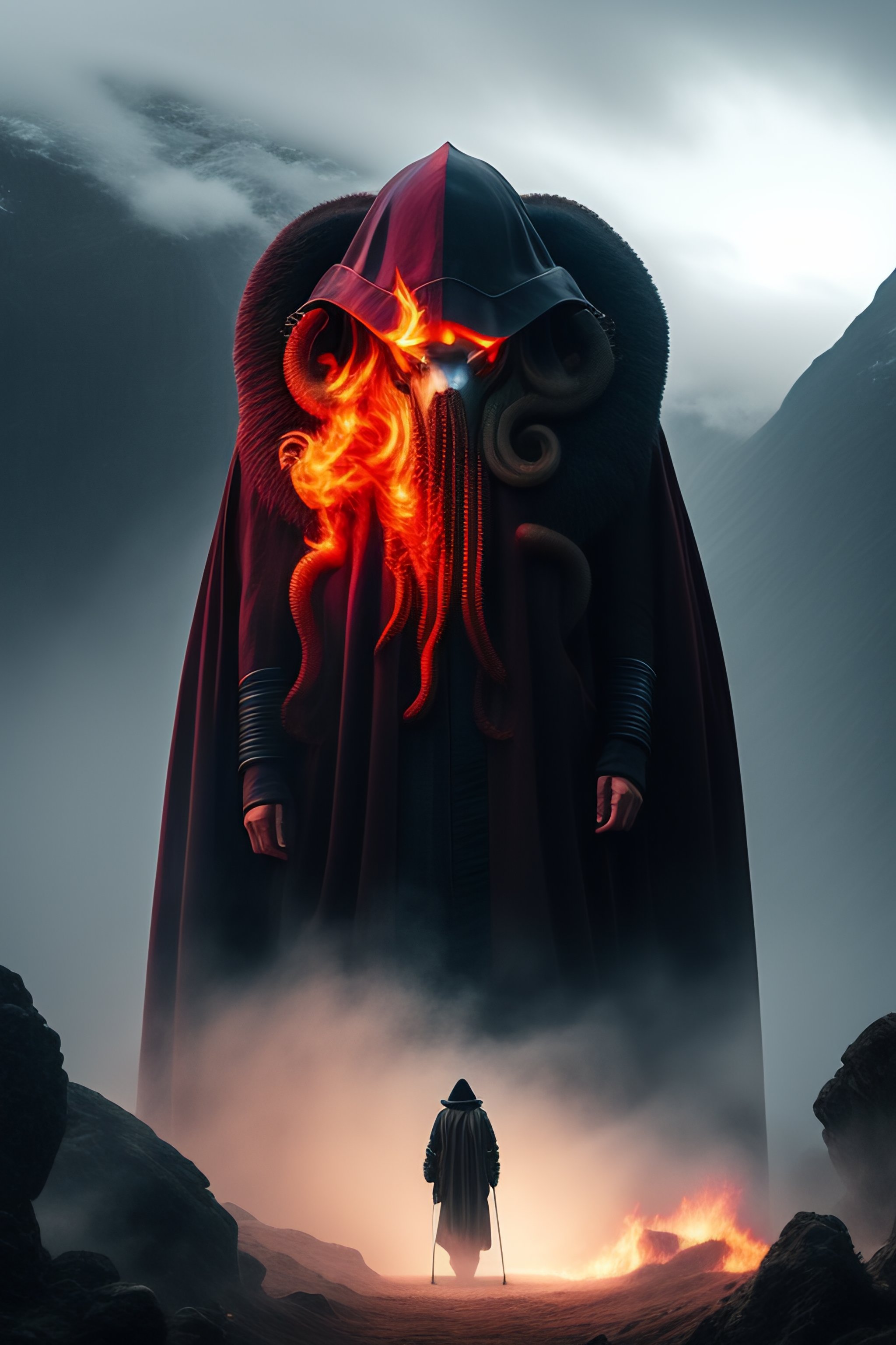 Lexica - In a vast landscape behind cloudy mountains a colossal and ...