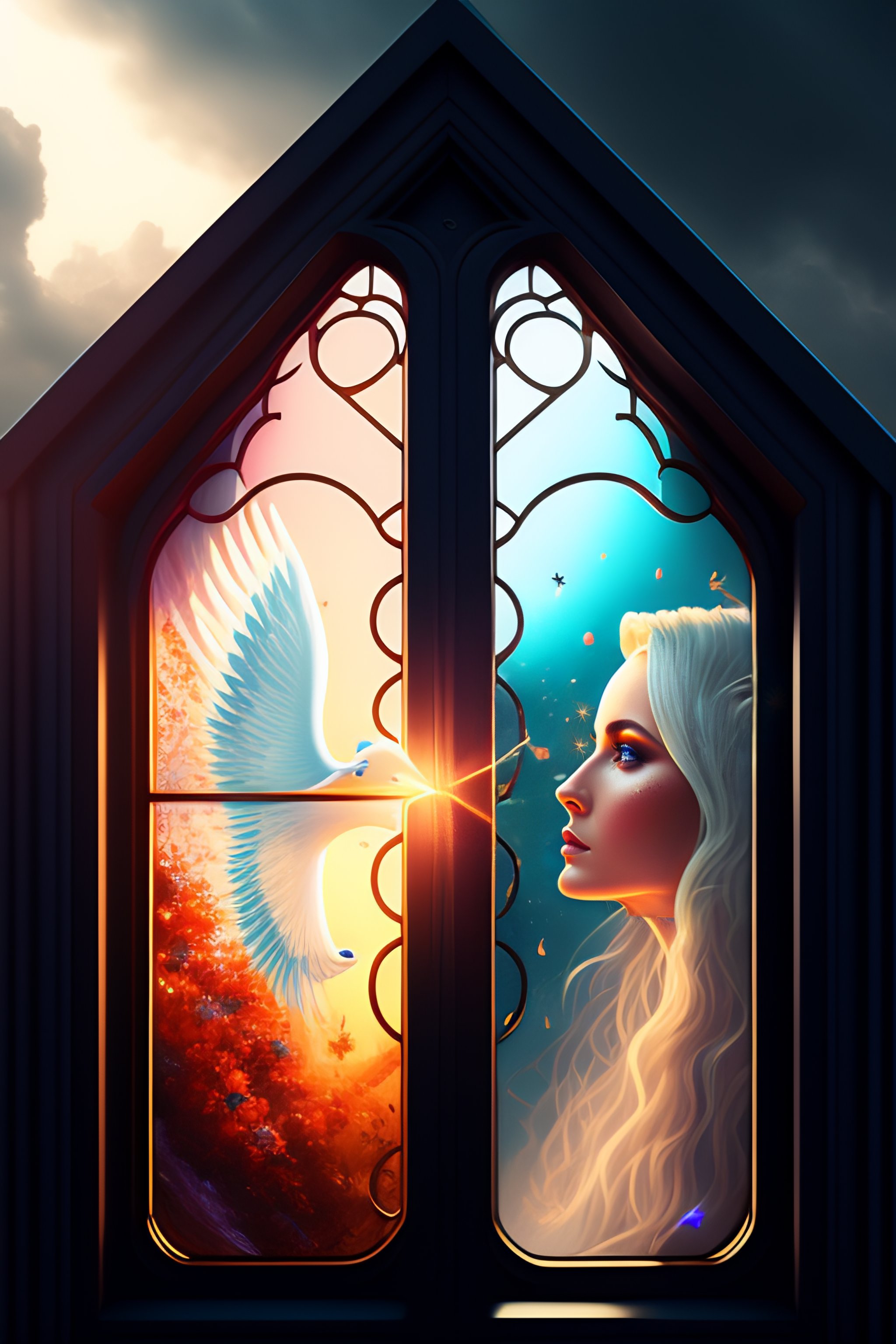 Lexica - Stained glass window with angels. gothic, Cloudy background ...