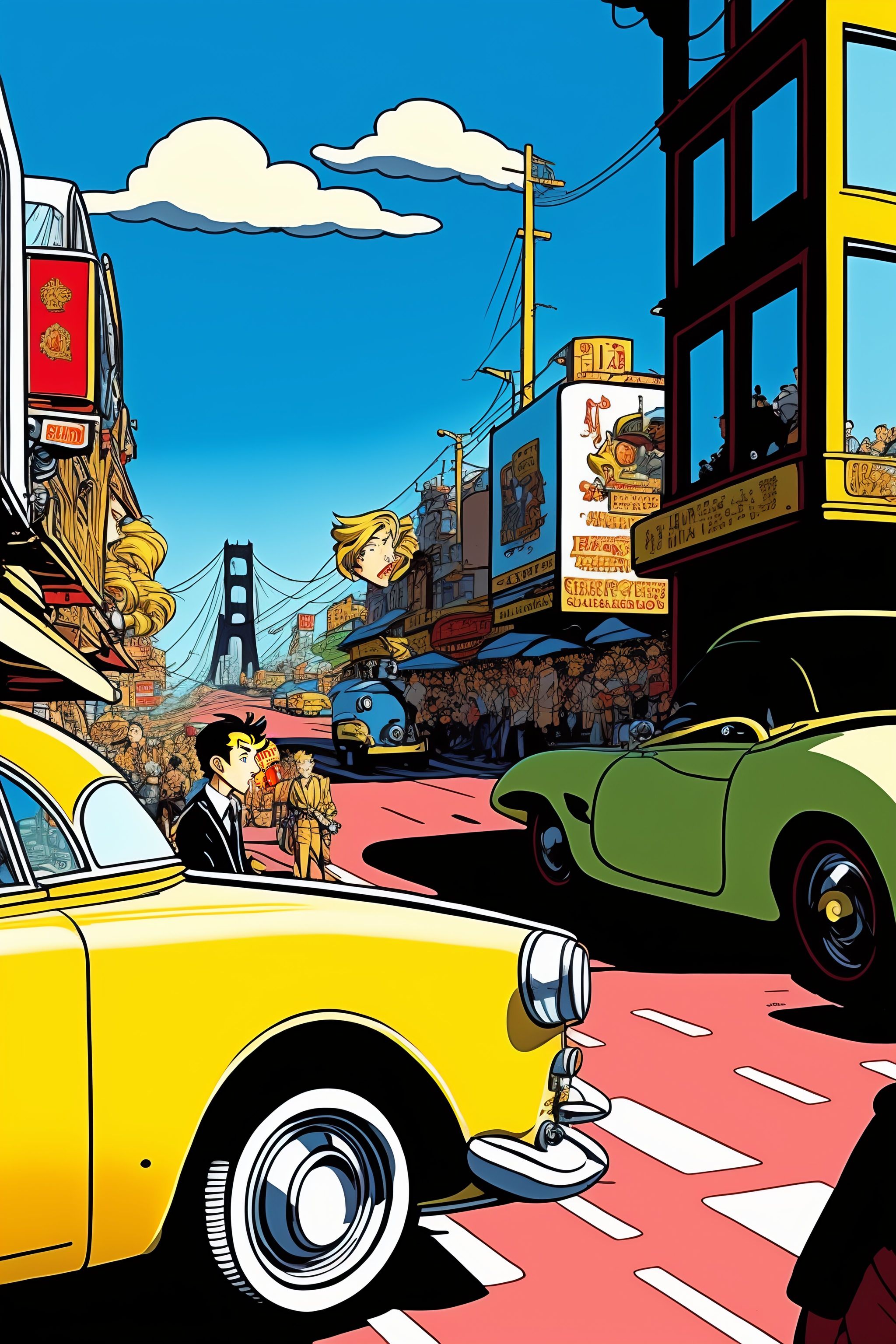 Lexica - Chaotic stunning san francisco, illustrated by hergé, style of tin tin comics, pen and ...