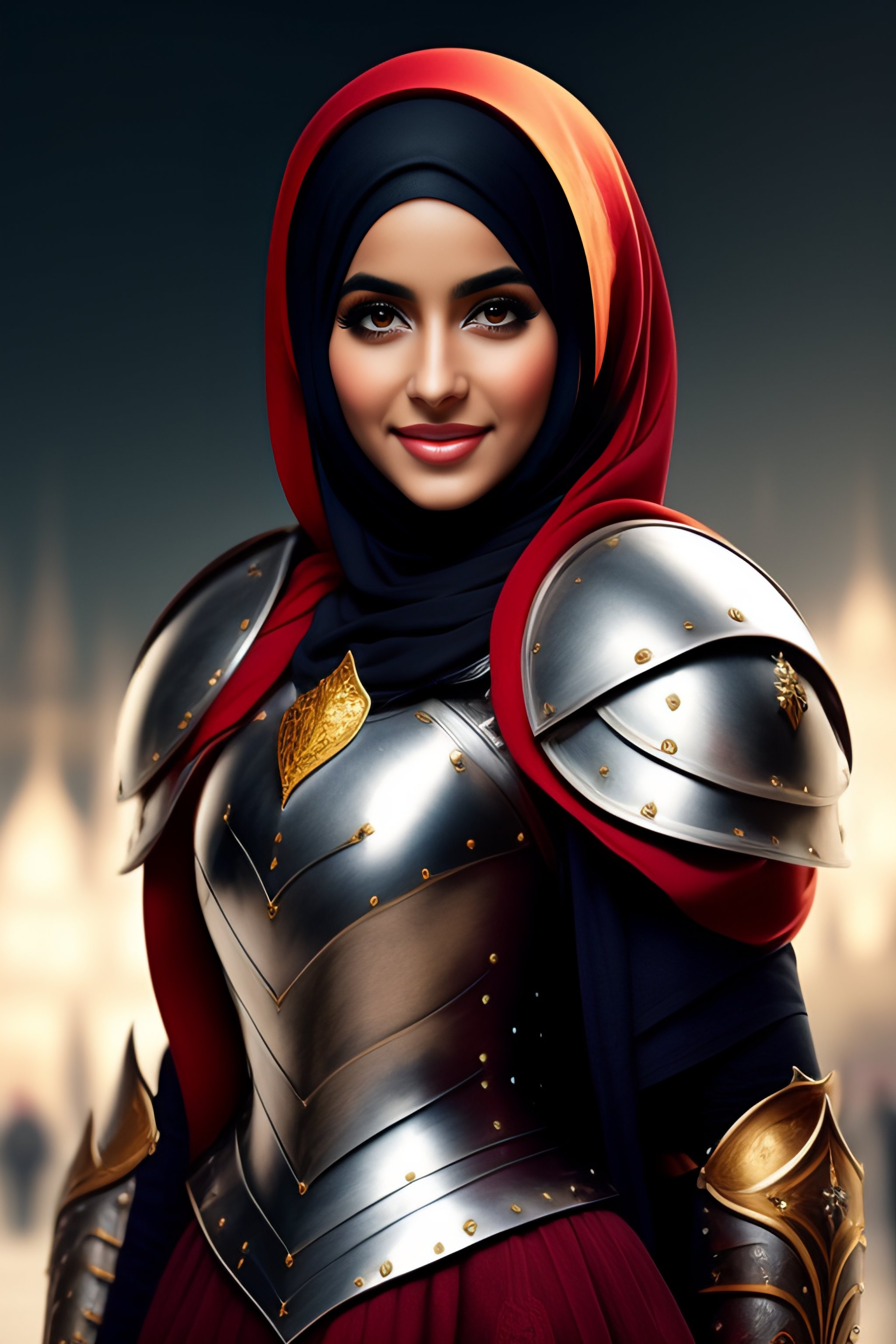 Lexica - Cute hijab girl wearing medieval heavy armor