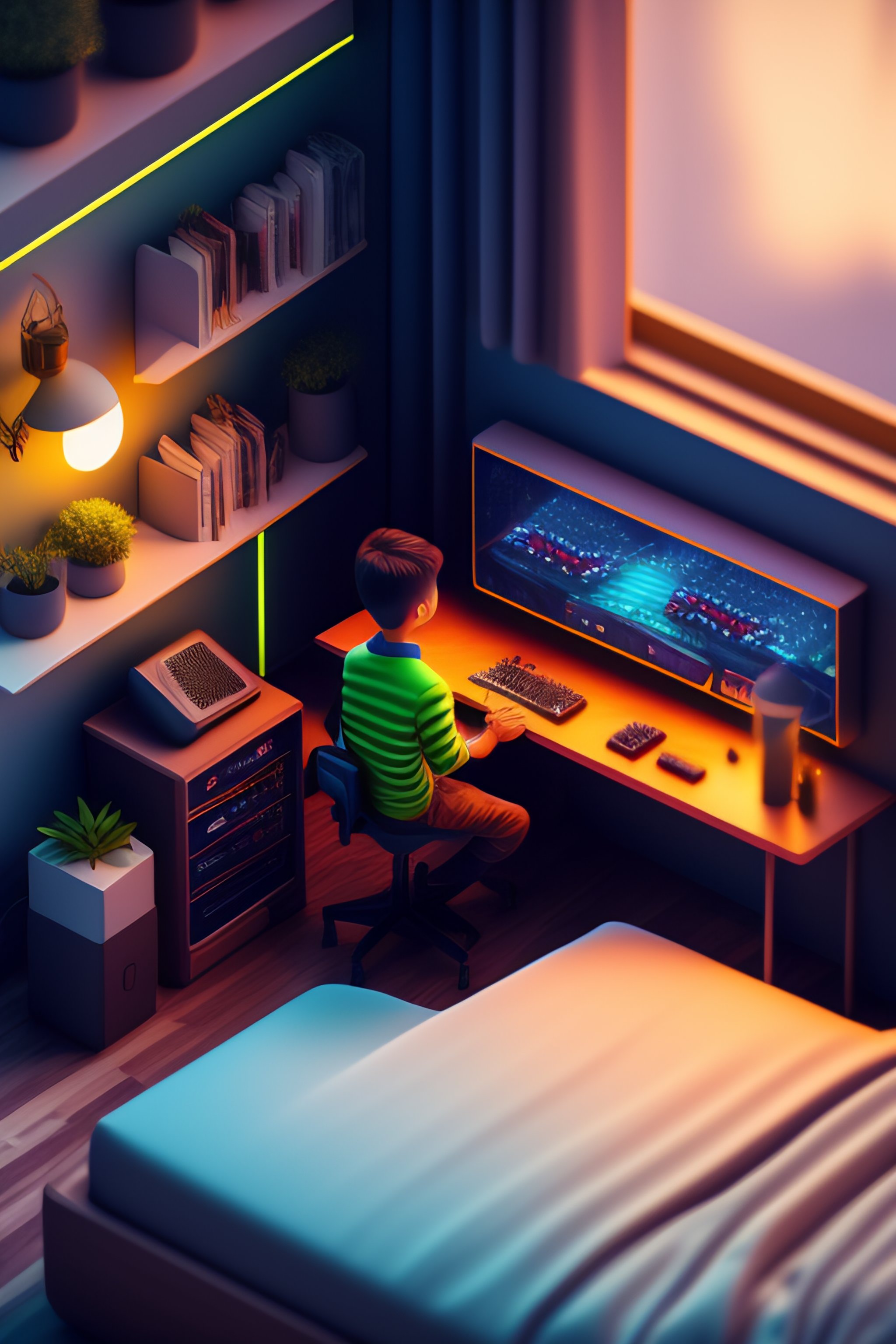 Lexica - Isometric render of boy at cozy gaming control room in bedroom ...