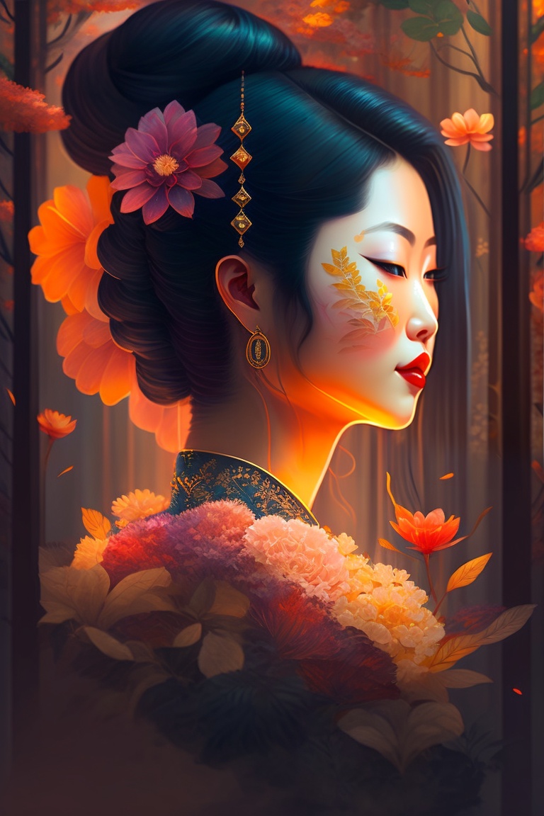 Lexica - Closeup portrait of Geisha, luminous colors, golden outlines ...