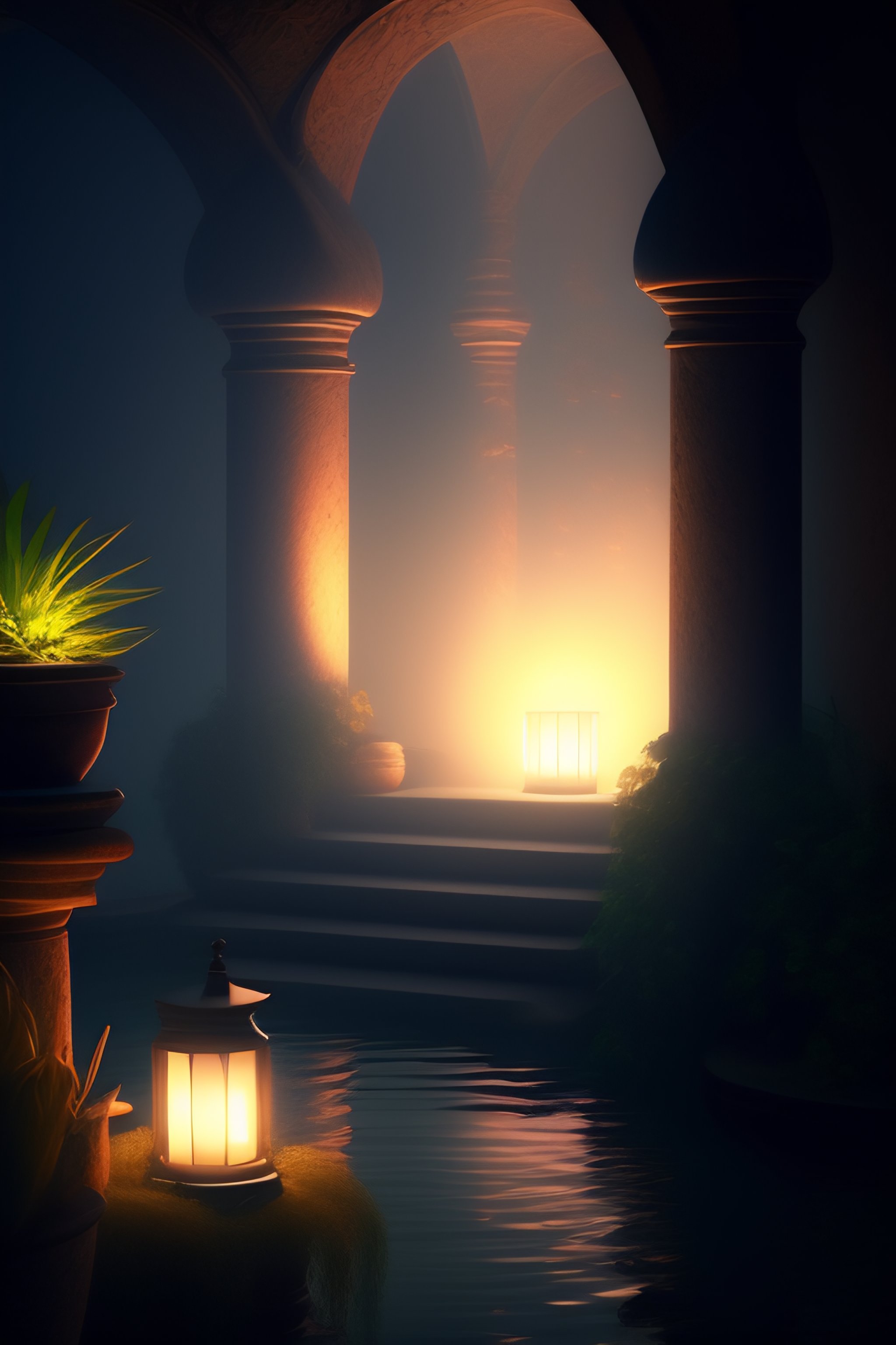 Lexica - Dark dungeon with warm lighting with water and plants, little ...