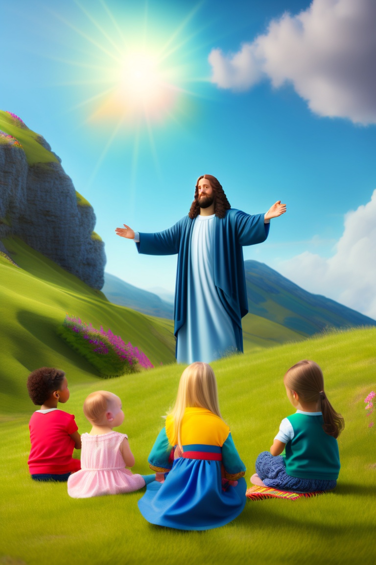 Lexica - Jesus Christ teaching children on a grassy hilltop, a verdant ...