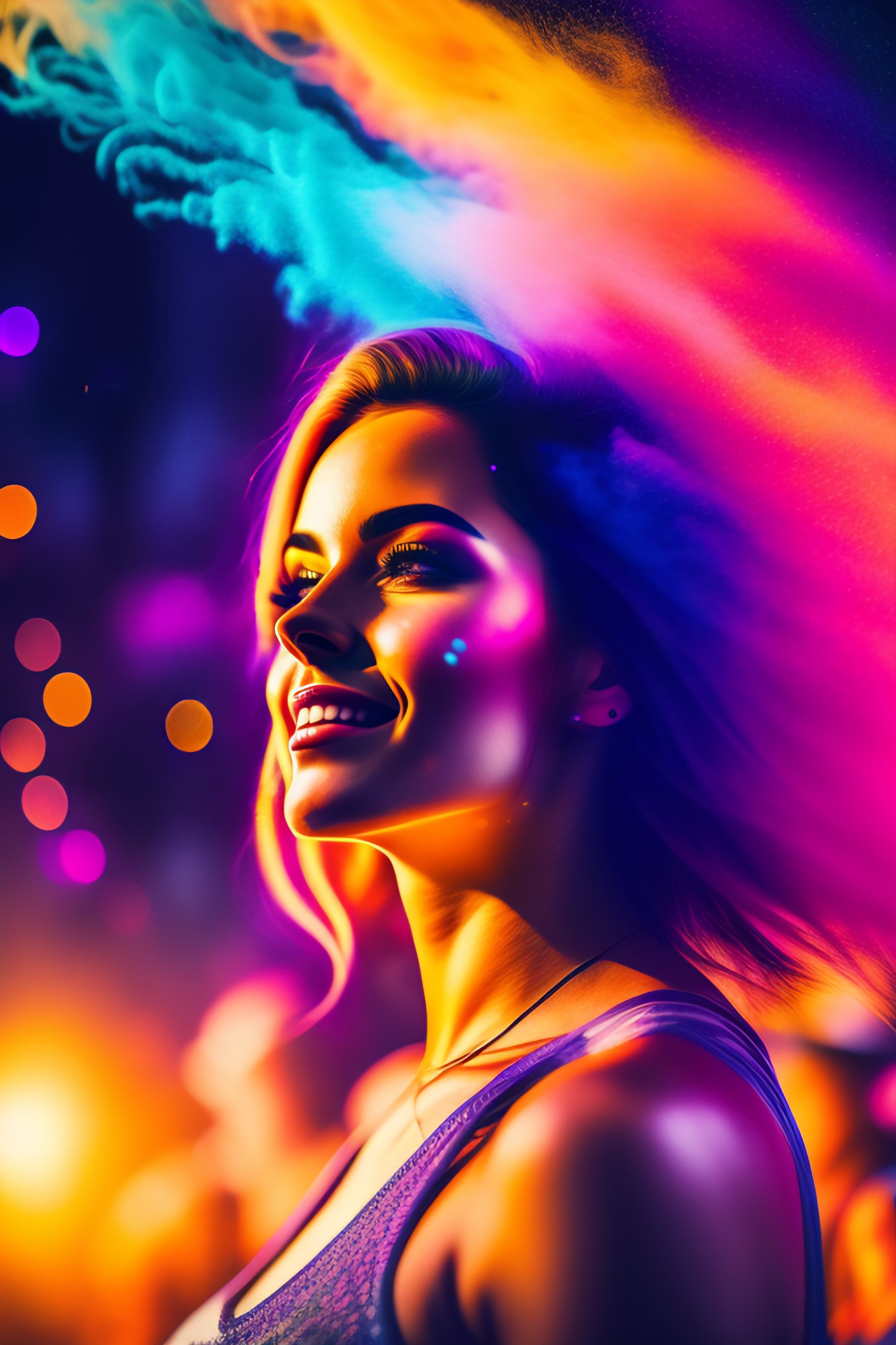 Lexica - Portrait of a young woman at a rave throwing colored dust ...